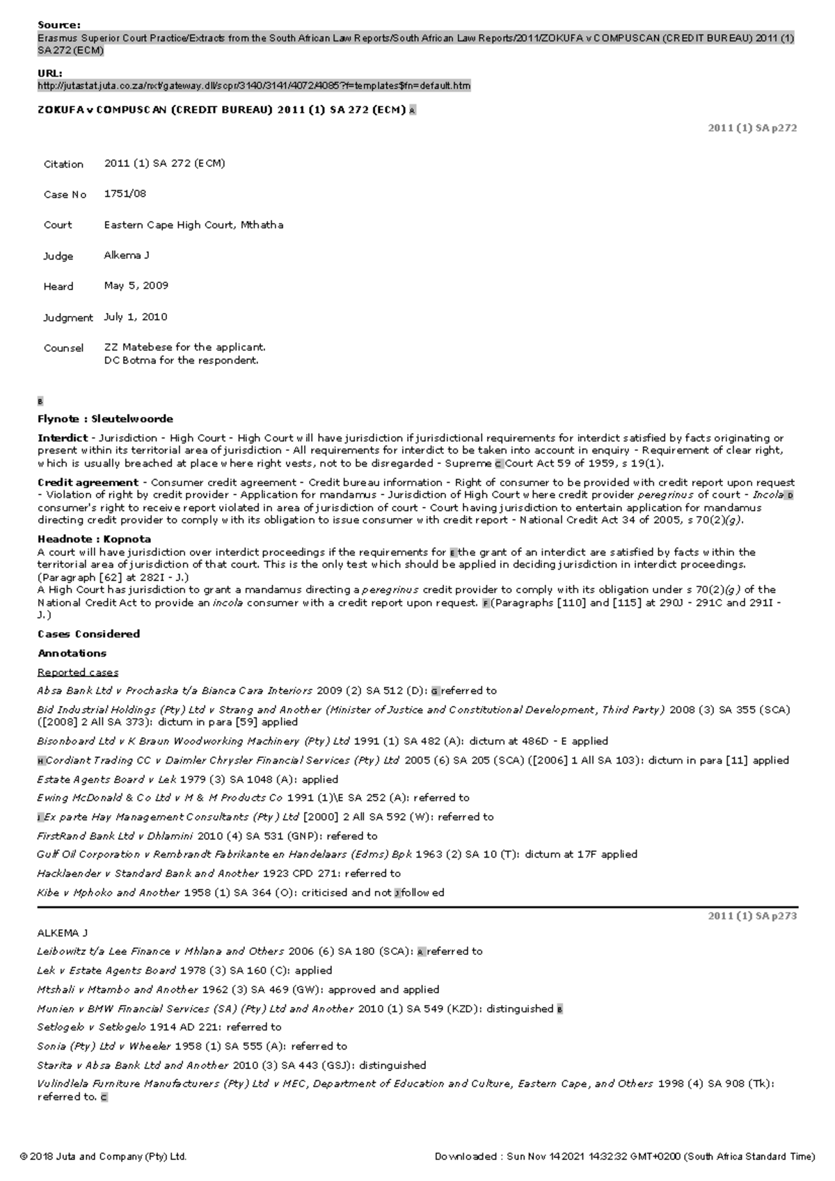 Zokufa v Compuscan Credit Bureau 2011 1 SA 272 (ECD) - - Studocu