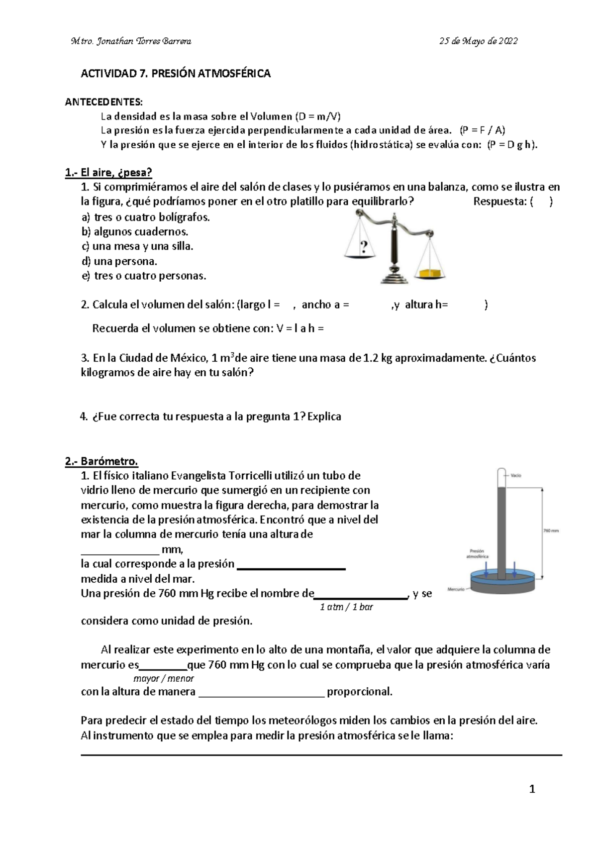 Presión atmosférica Pascal lectura ejercicios - ACTIVIDAD 7. PRESIÓN ...