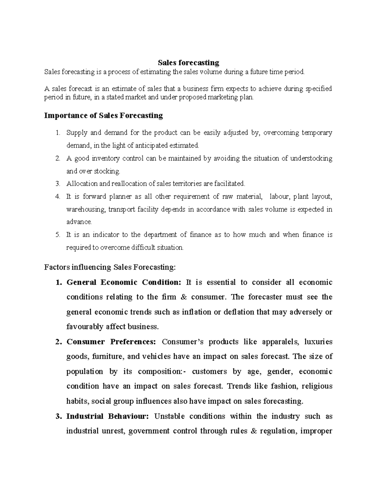 Unit 2 contd - Lecture notes 5 - Sales forecasting Sales forecasting is ...
