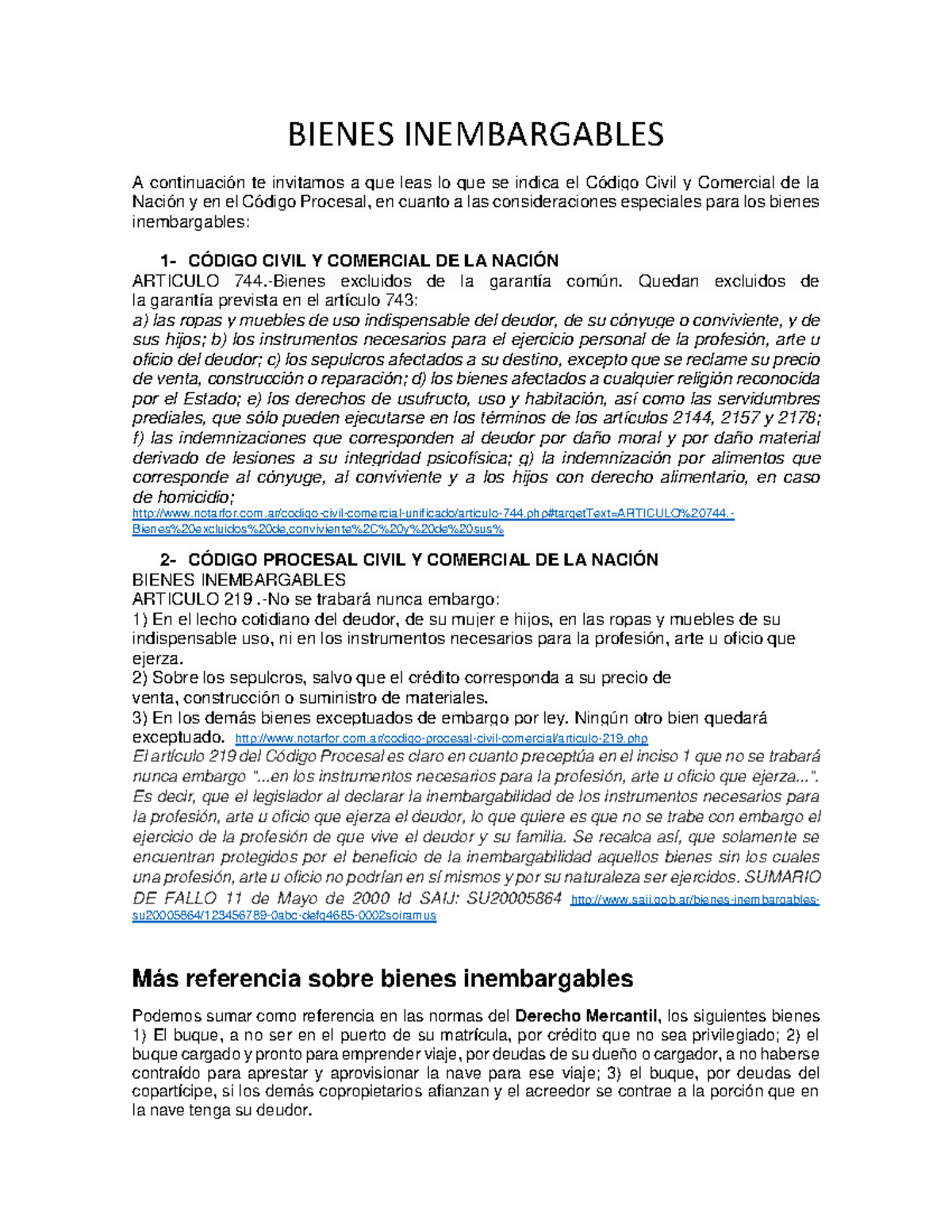 Bienes inembargables - Apuntes 2 - BIENES INEMBARGABLES A continuación ...