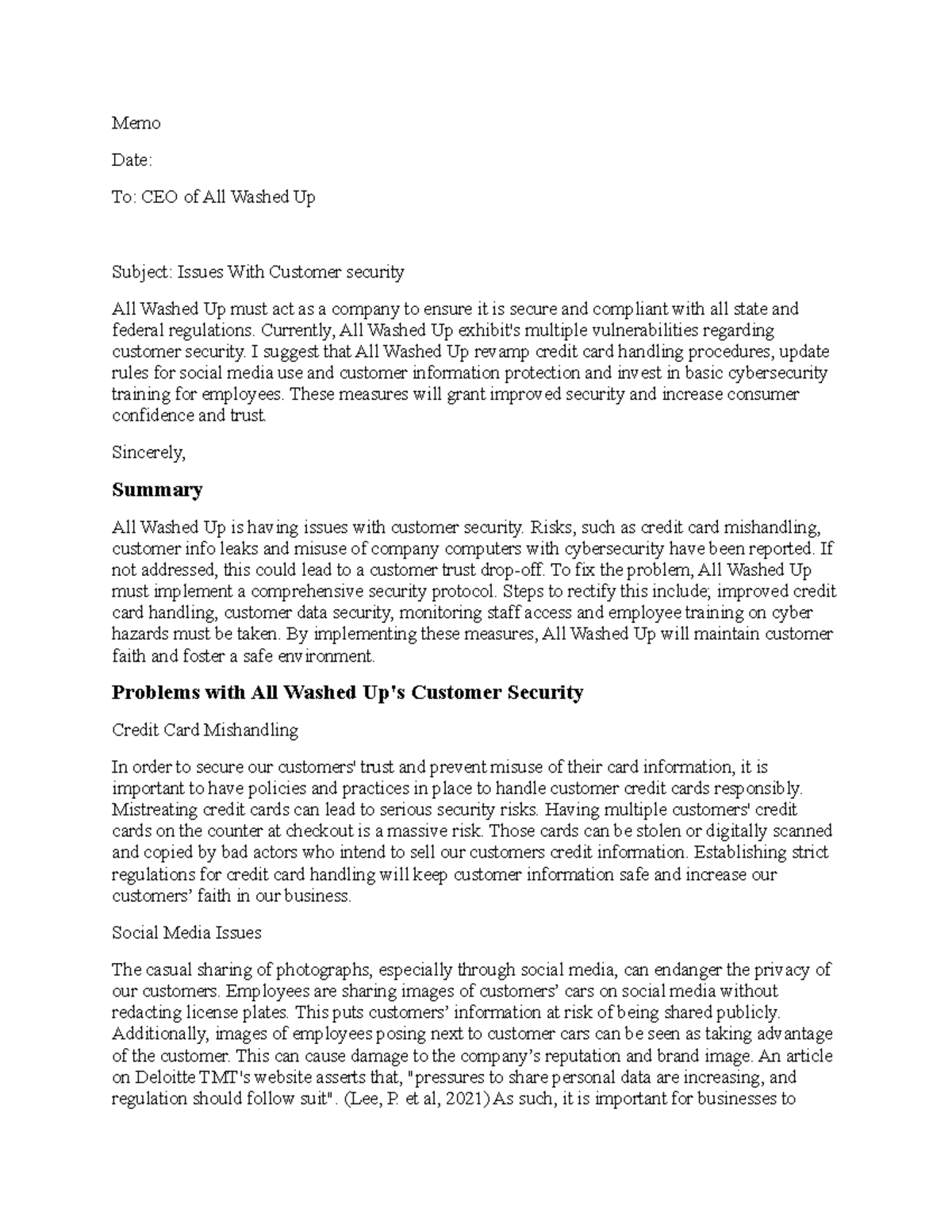 Report To Supervisor wiped - Memo Date: To: CEO of All Washed Up ...