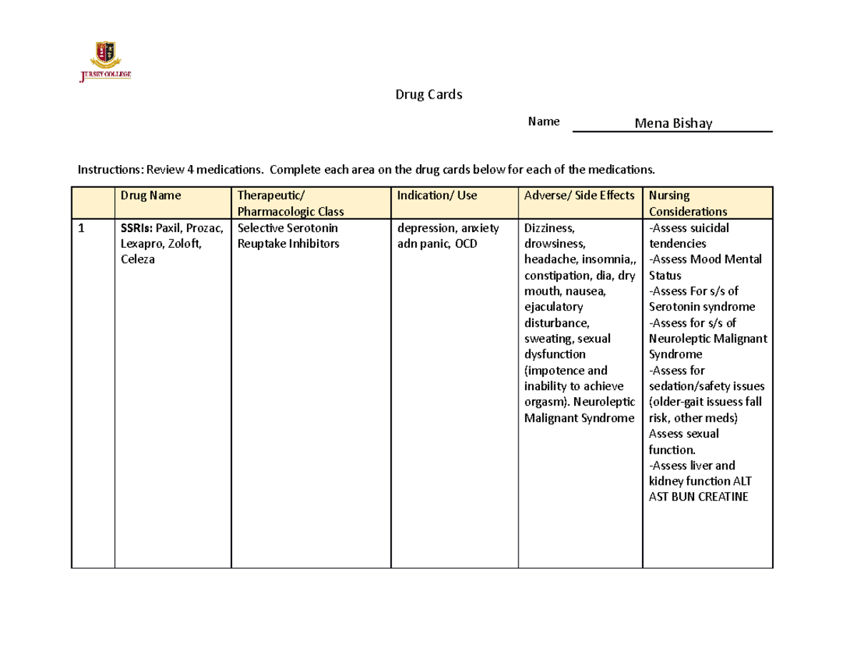 Drug Cards Form (5 drug cards) - Drug Cards Name Mena Bishay ...