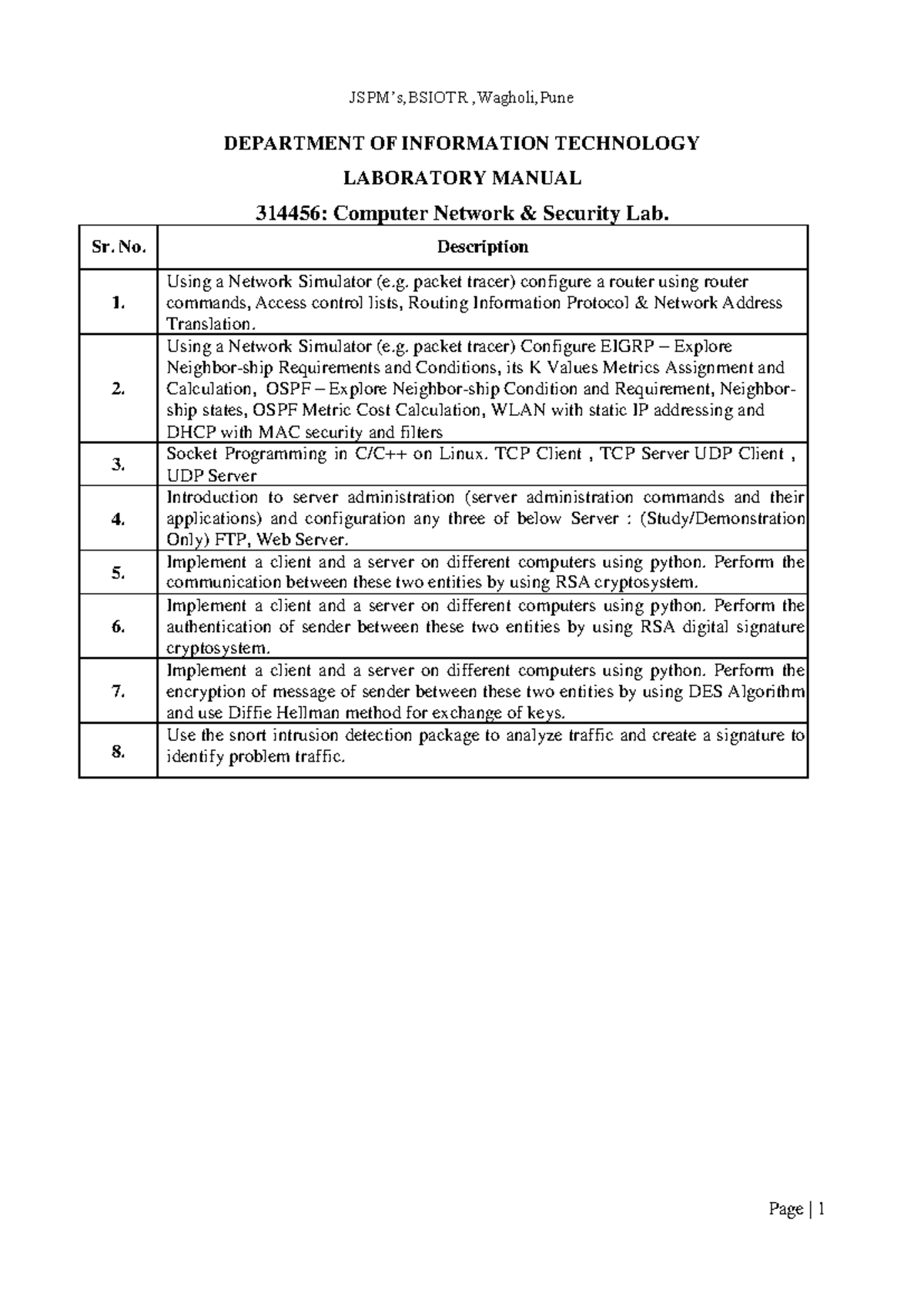 CNSL Lab Manual - DEPARTMENT OF INFORMATION TECHNOLOGY LABORATORY MANUAL 314456: Computer ...