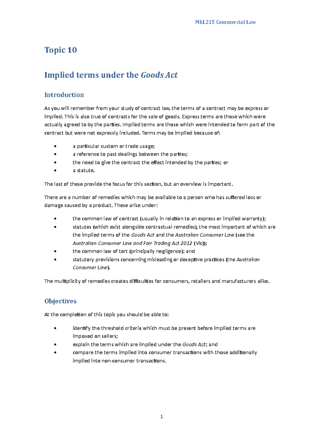 MLL215 Implied terms under goods act - MLL215 Commercial Law Topic 10 ...