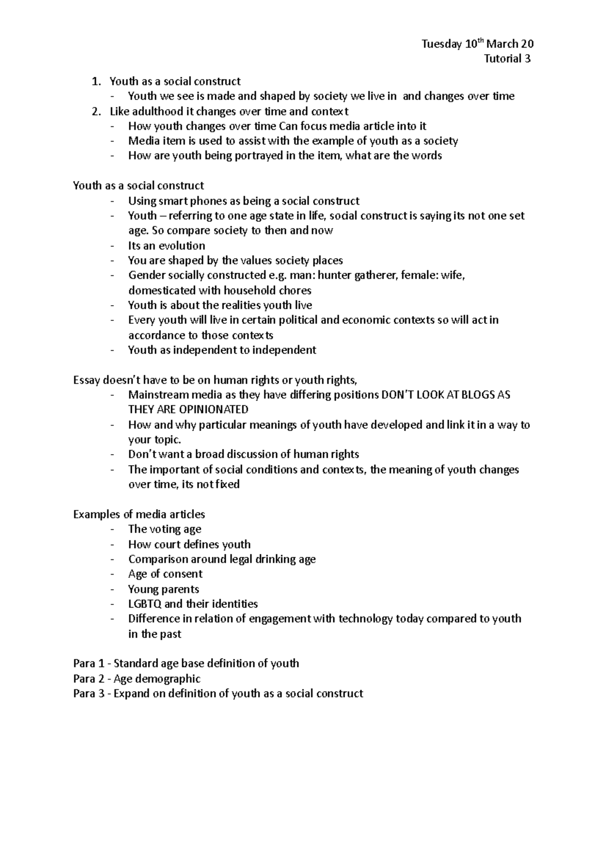 Tutorial 3 - Tuesday 10th March 20 Tutorial 3 Youth as a social ...