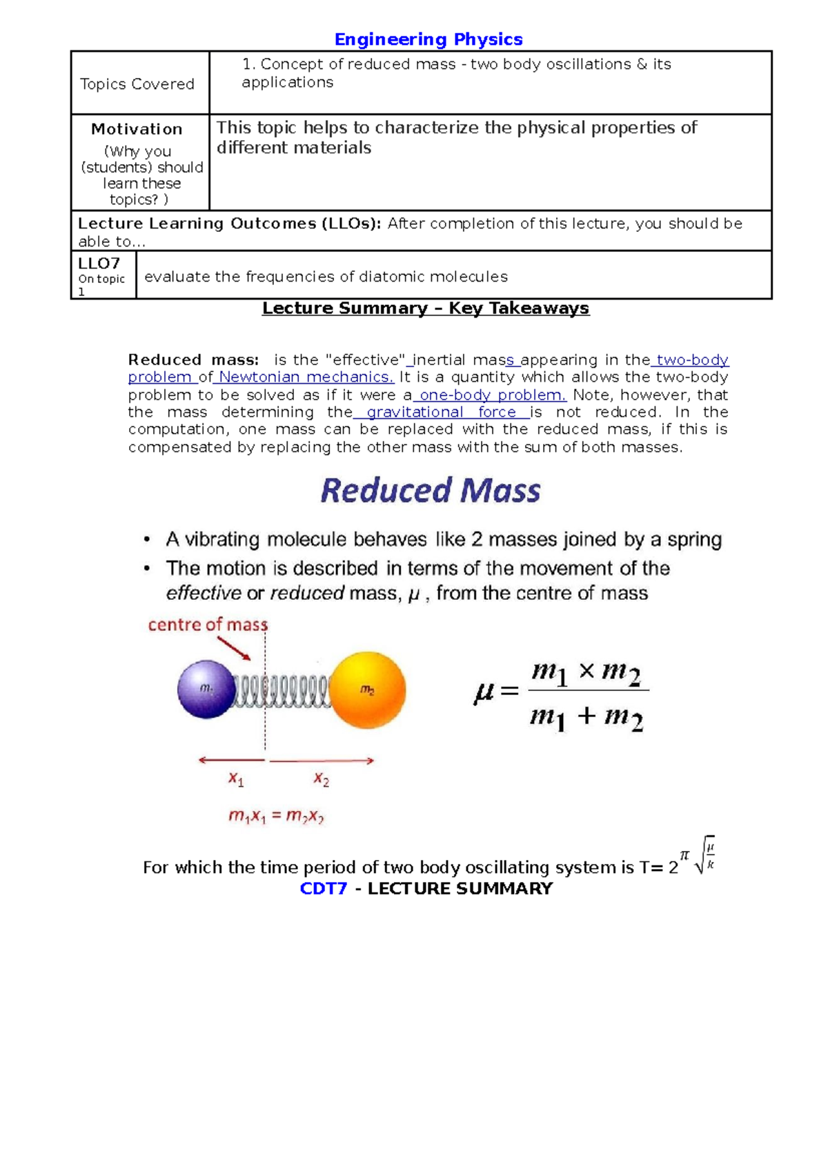Two body oscillations - .. LLO On topic 1 evaluate the frequencies of ...