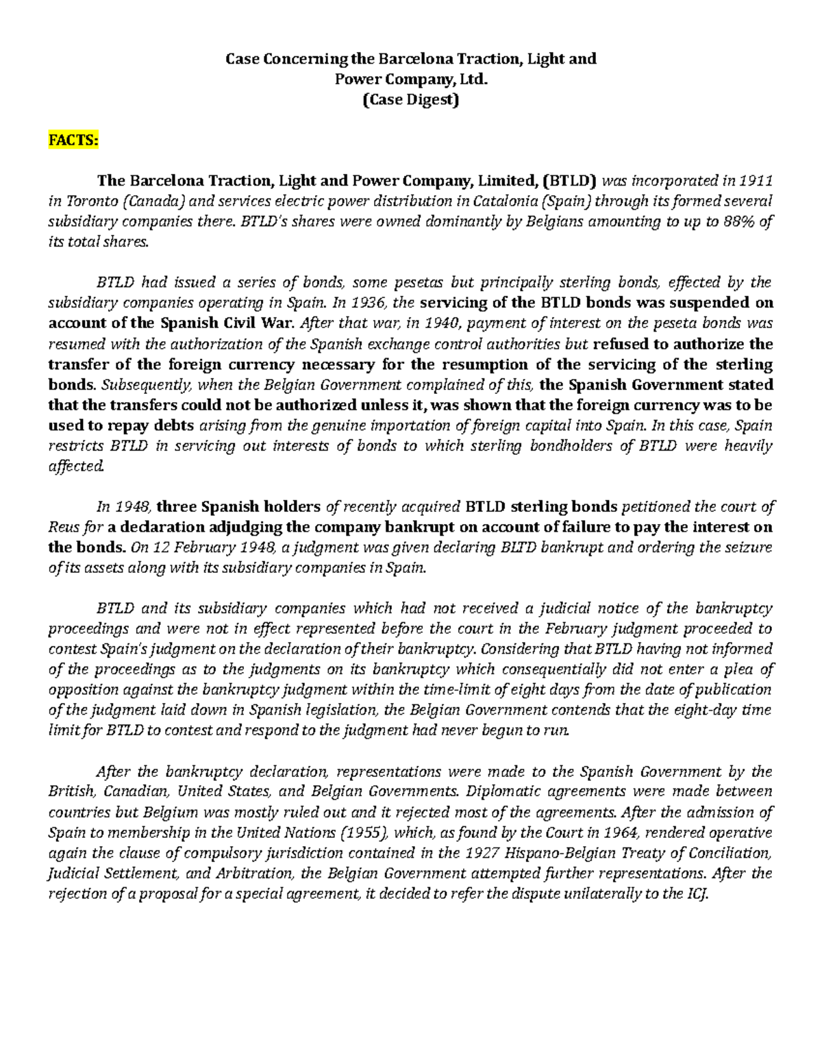Case Concerning the Barcelona Traction Company Case Digest - Case ...