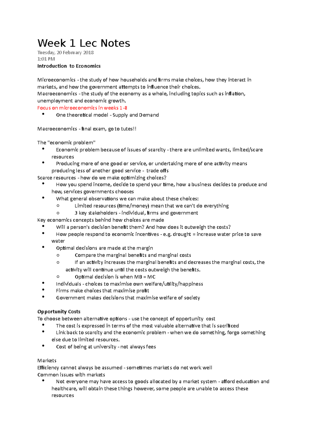 BSB113 Lec notes week 1-7 - Week 1 Lec Notes Tuesday, 20 February 2018 ...