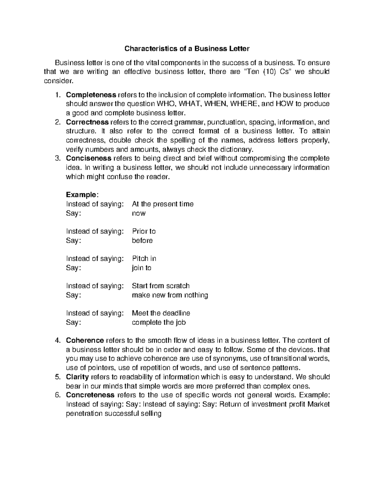 Characteristics of a Business Letter - Characteristics of a Business ...