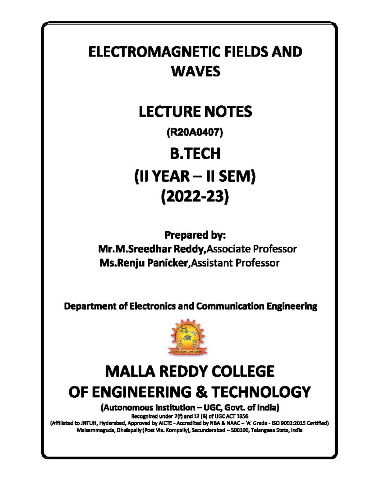 Electromagnetic field and waves - Bachelor of science in Electrical and ...