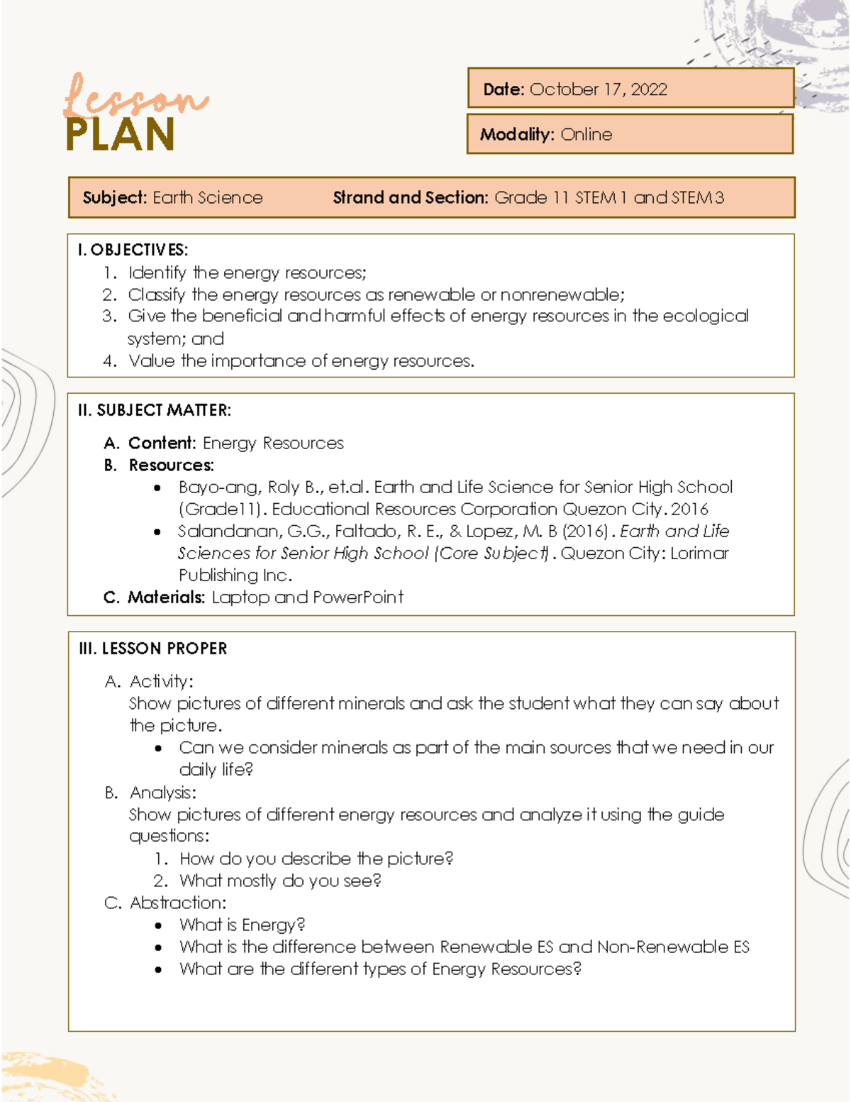 Lesson 6.2 Energy resources - Lesson PLAN Date: October 17, 2022 ...