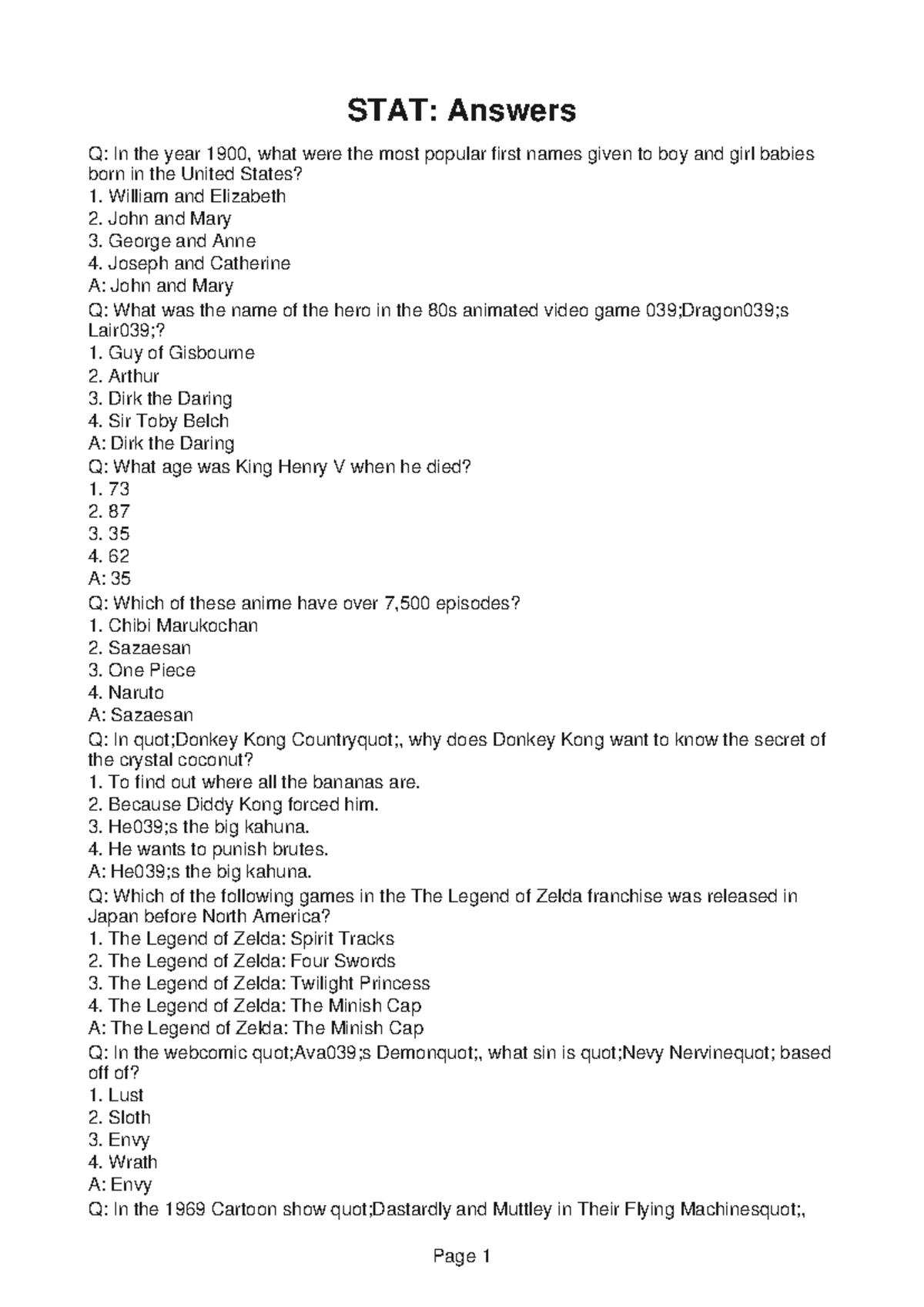 STAT260 Study Guide 3 - STAT: Answers Q: In the year 1900, what were ...