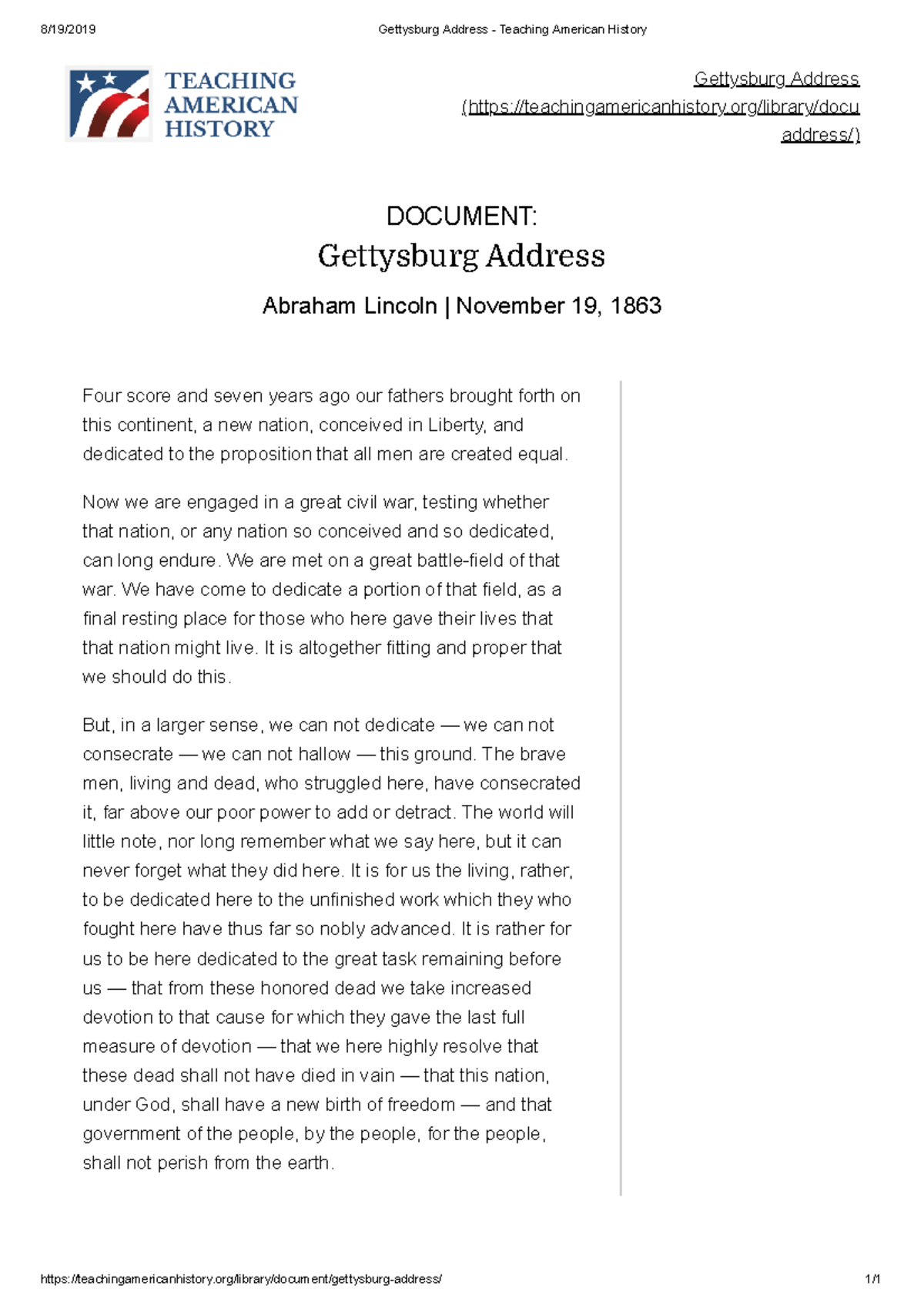 Hist 18 M 02 Gettysburg Address - 8/19/2019 Gettysburg Address ...