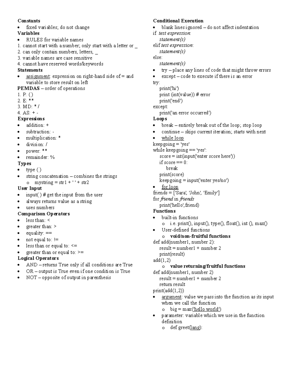 CQS 311 Operators - Constants fixed variables; do not change Variables RULES for variable names ...