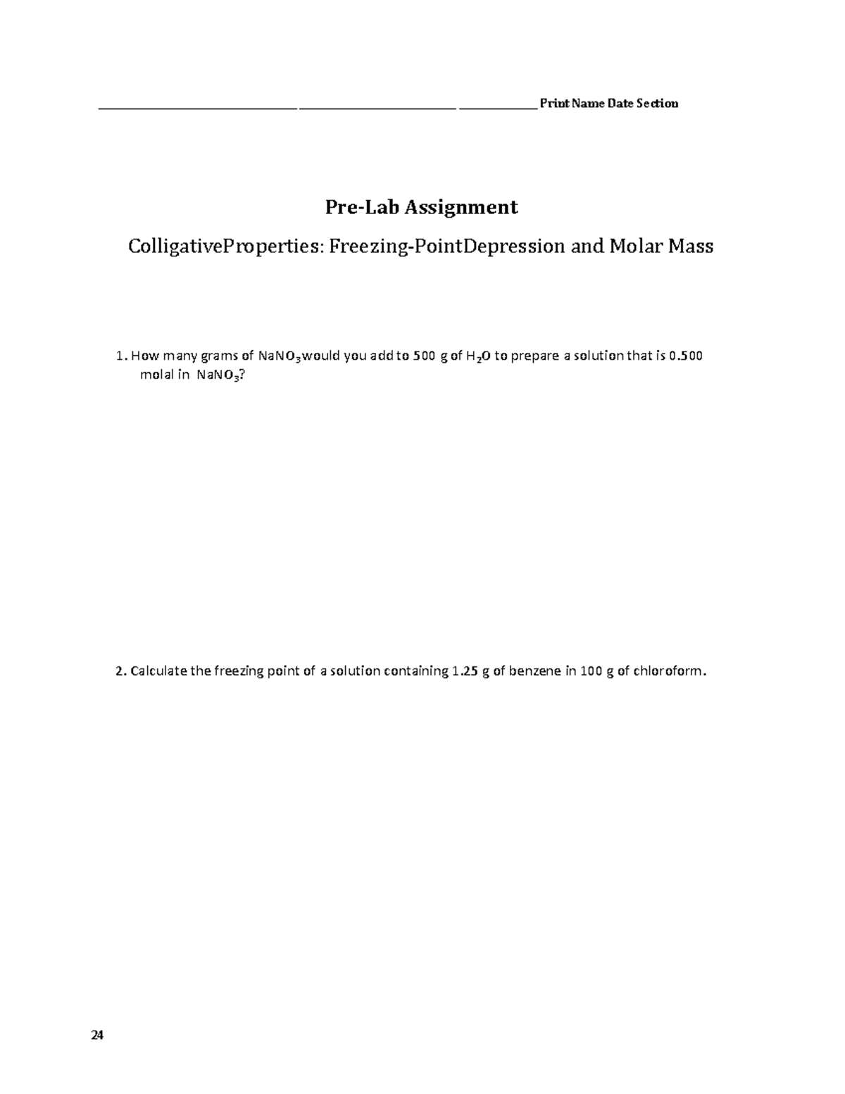 Colligative Pre lab - Practice material for real