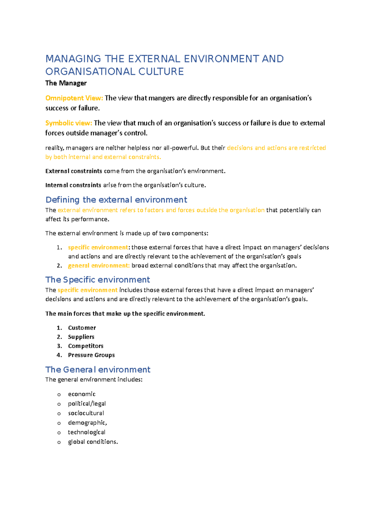 Managing THE External Environment AND Organisational Culture - MANAGING ...