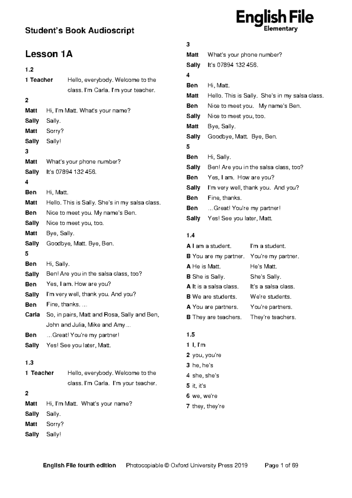 English File 4e Elementary SB script - Lesson 1A 1. 1 Teacher Hello ...