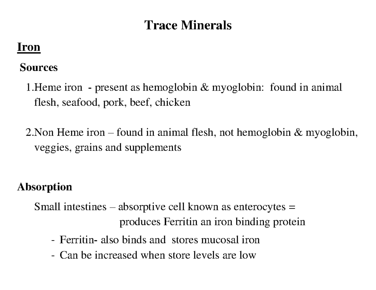Bio 140 Trace Minerals notes - Trace Minerals Iron Sources 1 iron ...