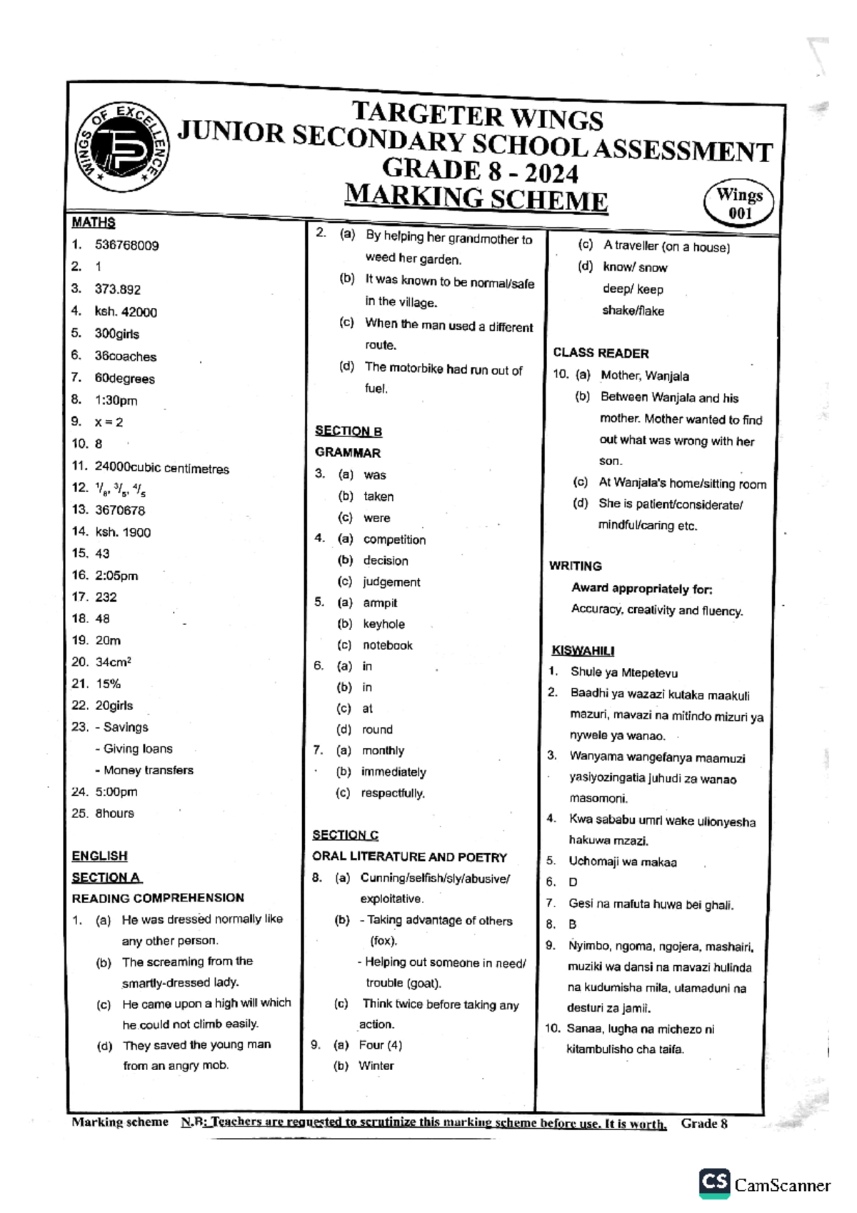 Targeter WING 001 Grade 8 Marking Schemes - OF EXCELL TARGETER WINGS E ...