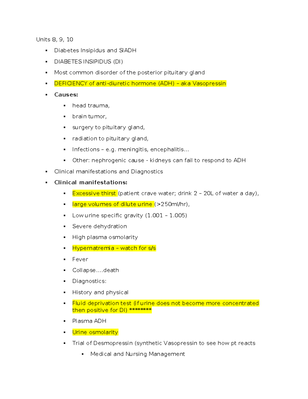 Exam 3 study guide - Units 8, 9, 10 Diabetes Insipidus and SIADH ...