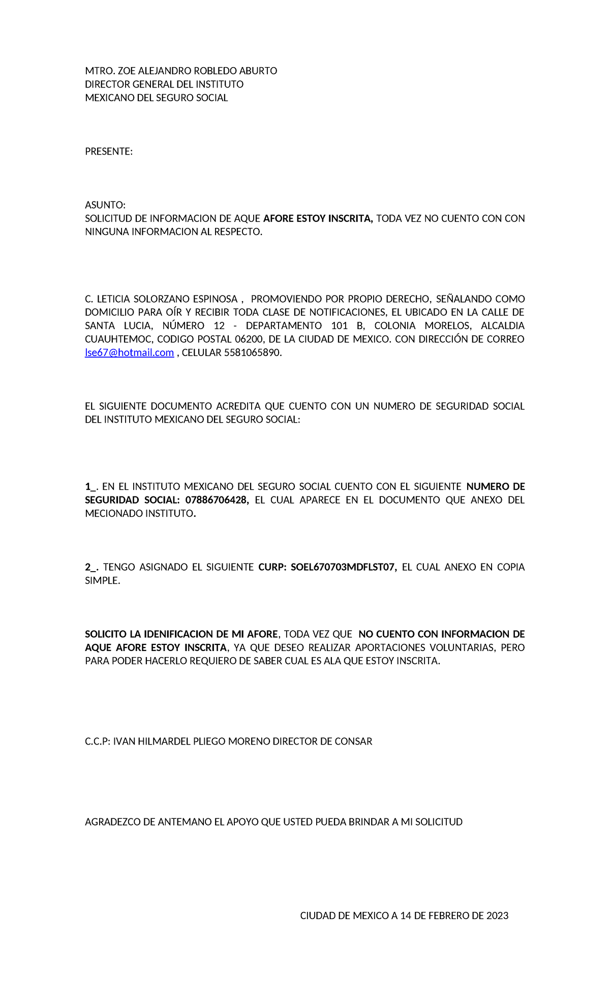 Lety sol oficio consar - escrito - MTRO. ZOE ALEJANDRO ROBLEDO ABURTO ...