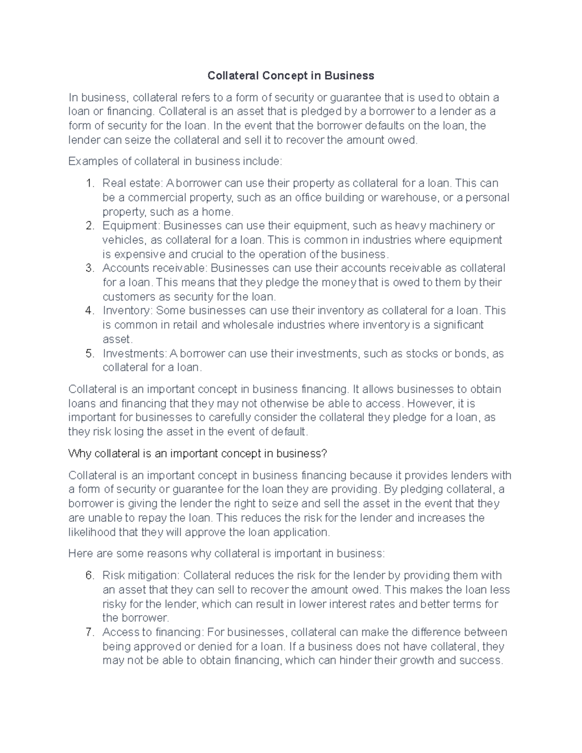 Collateral Concept in Business - Collateral is an asset that is pledged ...