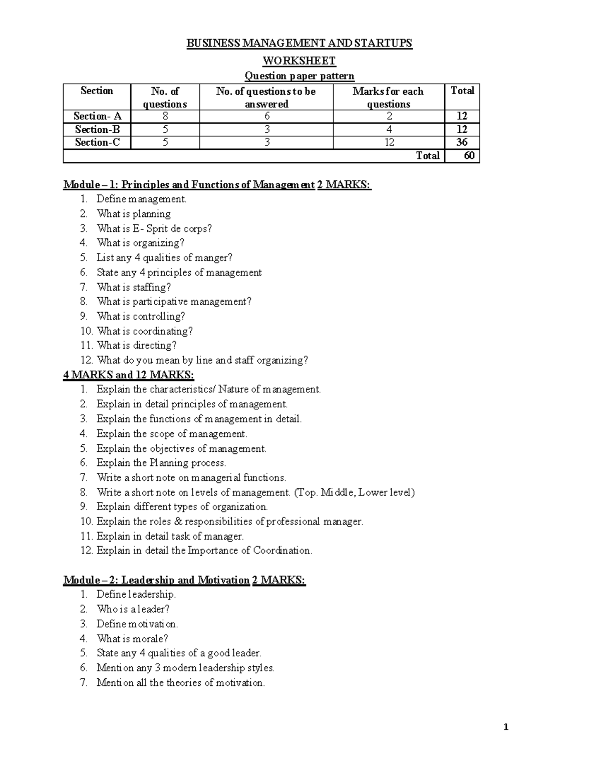 BMS Sample Paper and Important Questions - BUSINESS MANAGEMENT AND ...