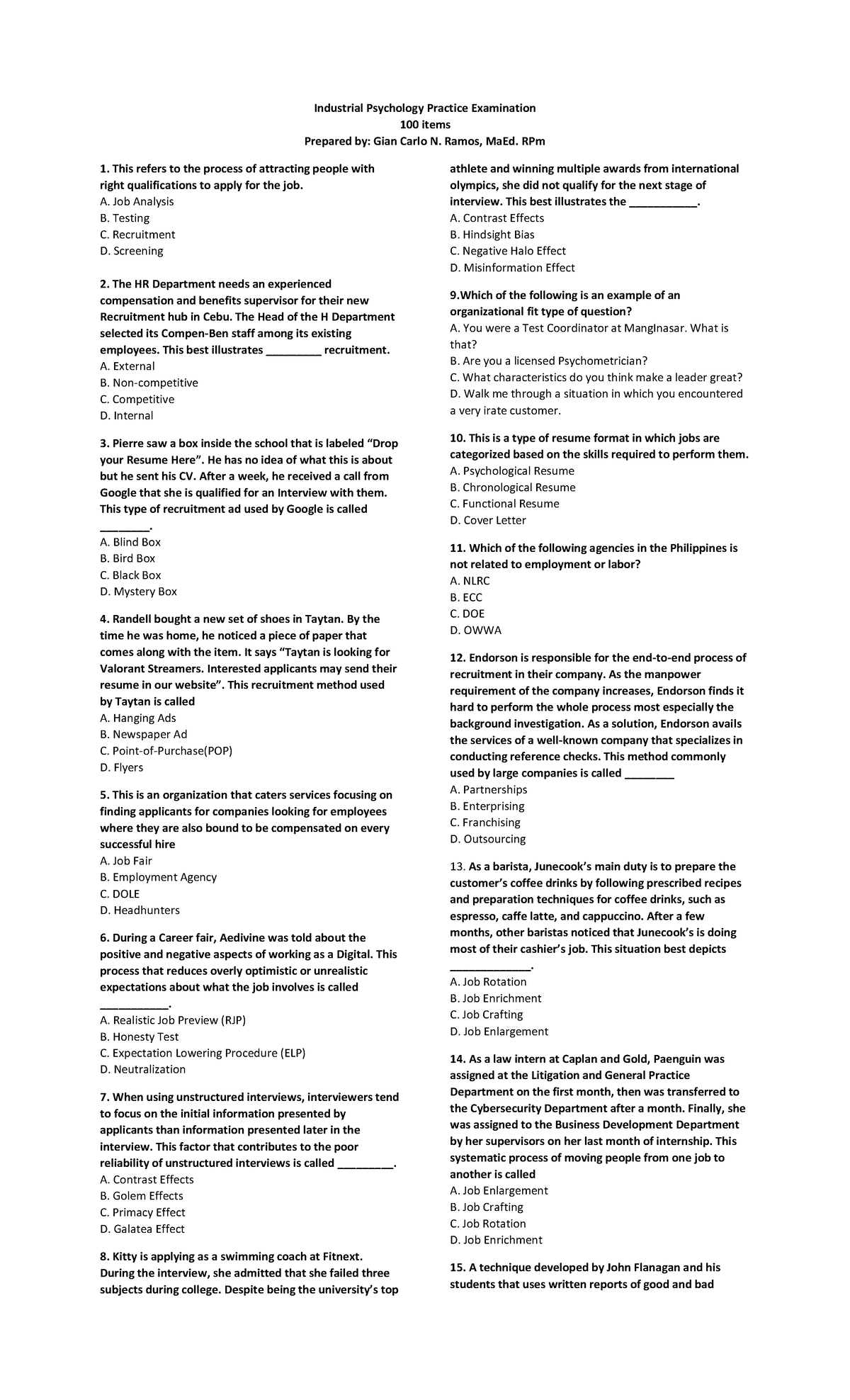 Industrial Psychology Practice Examination FOR Continuation Pt1 ...