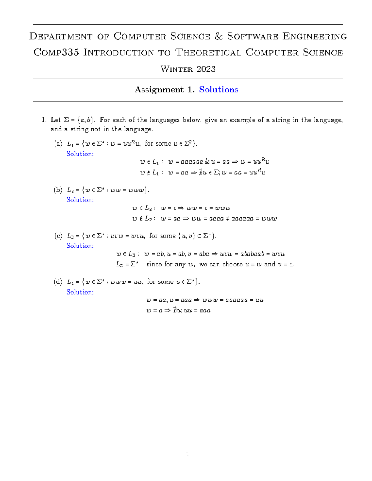 Assgn 1-sols - Department of Computer Science & Software Engineering Comp335 Introduction to ...