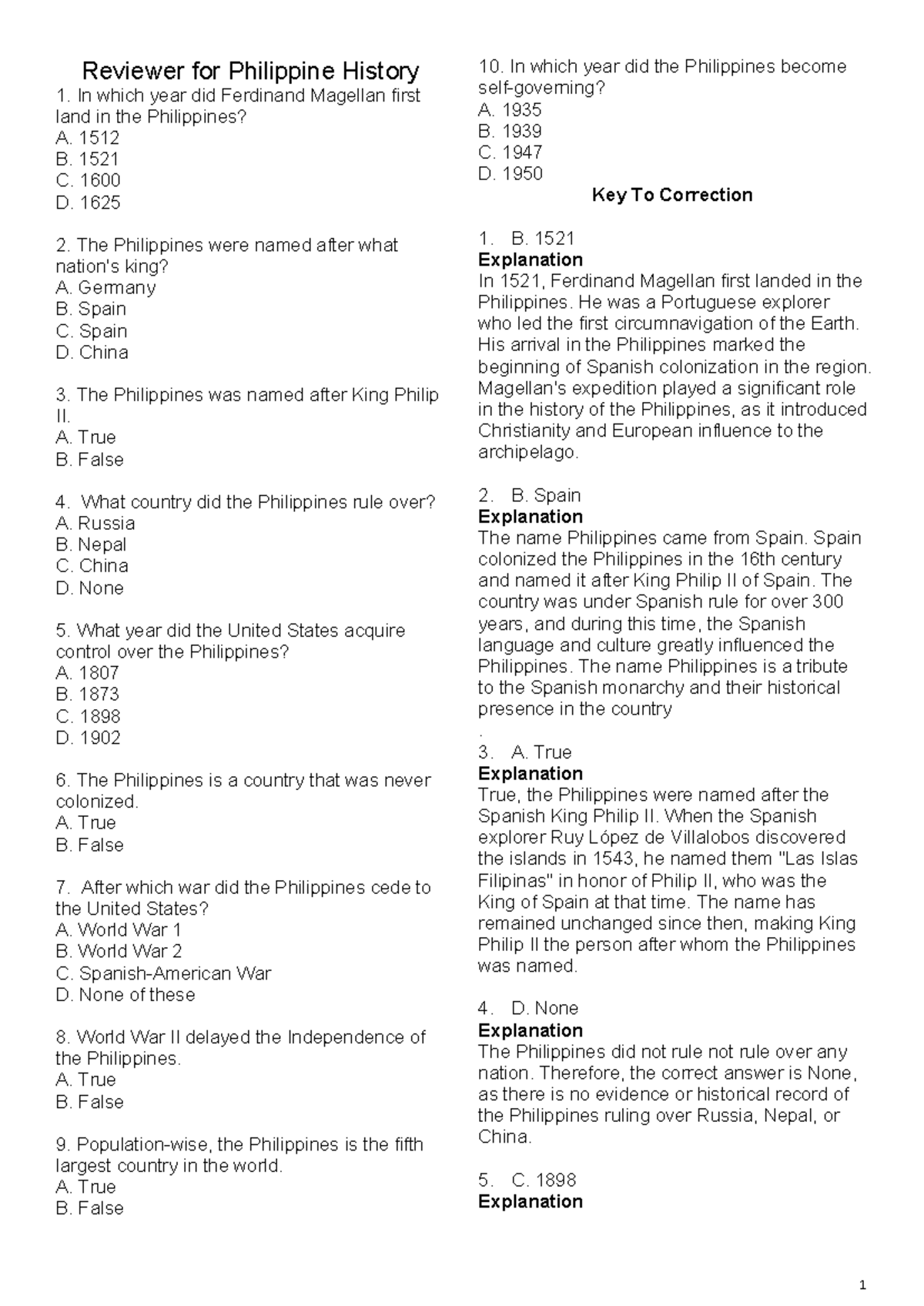 Reviewer for PH History - Reviewer for Philippine History In which year ...