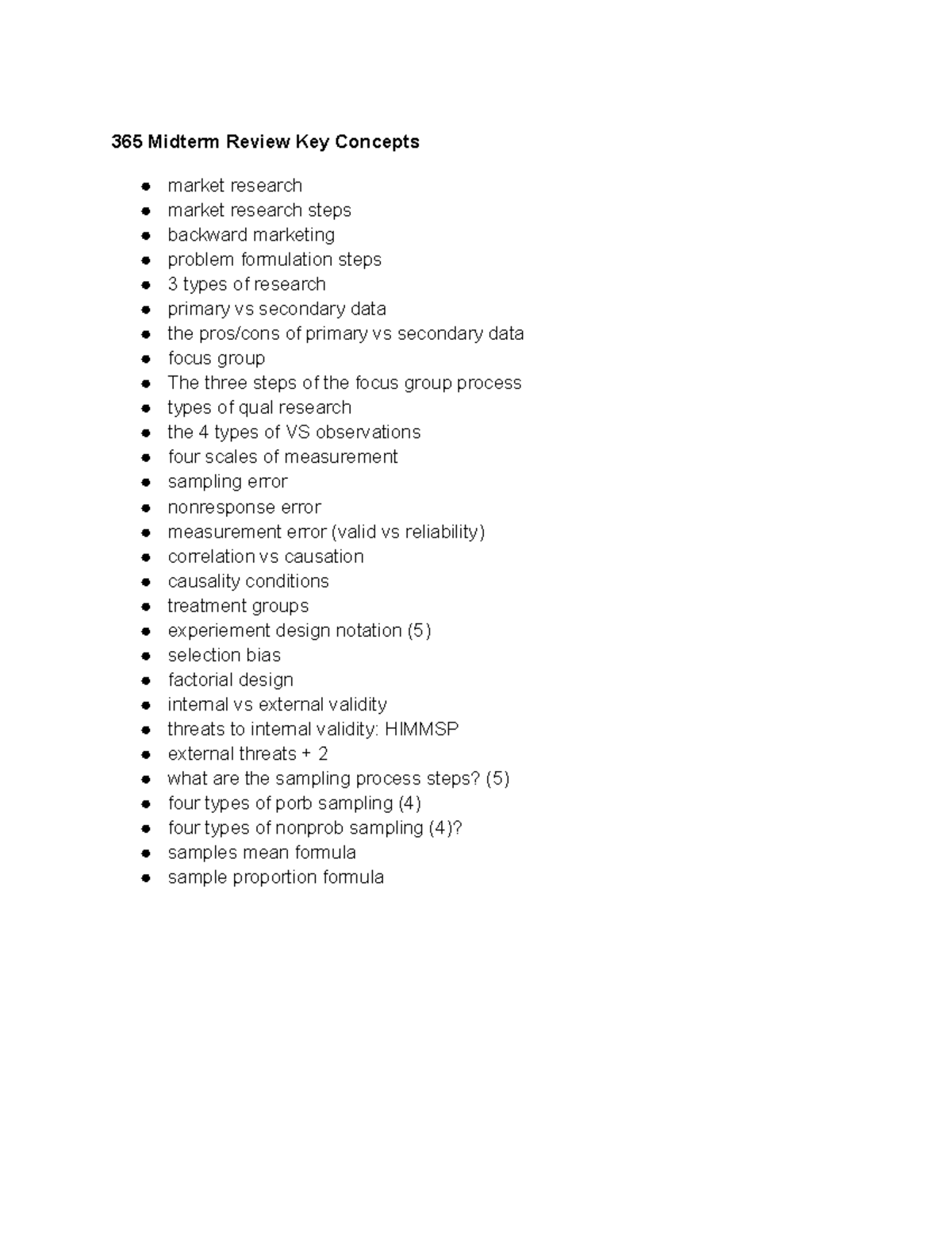 365 Midterm Review Key Concepts - 365 Midterm Review Key Concepts market research market - Studocu