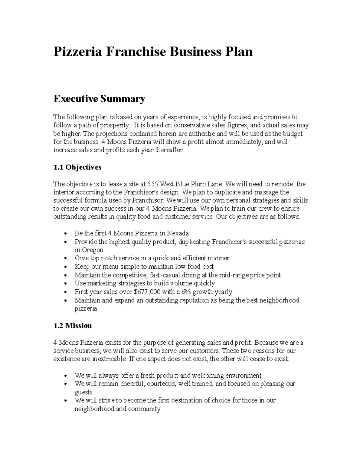 Pdfcoffee - Nil - Pizzeria Franchise Business Plan Executive Summary The following plan is based ...