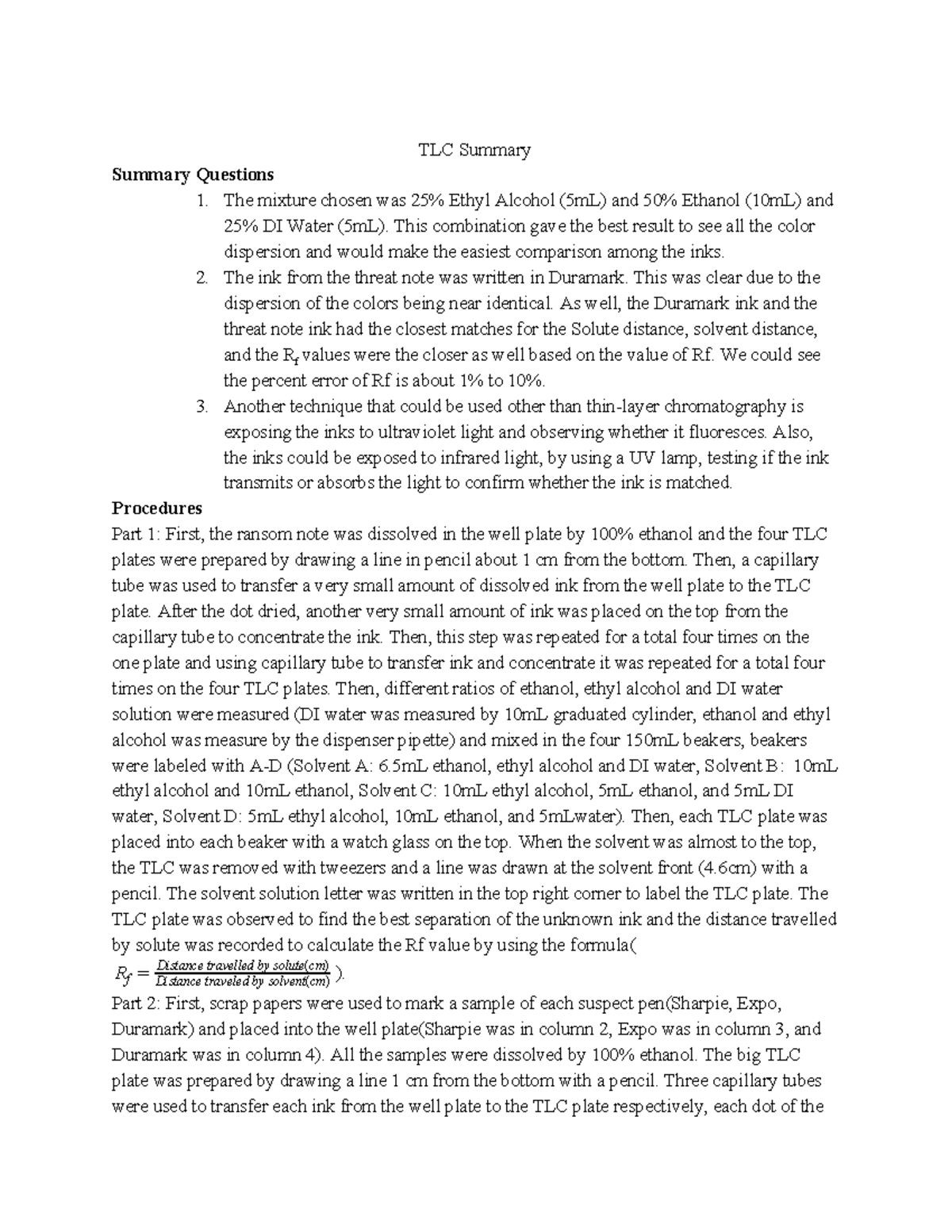 TLC Summary - Lab - TLC Summary Summary Questions The mixture chosen ...