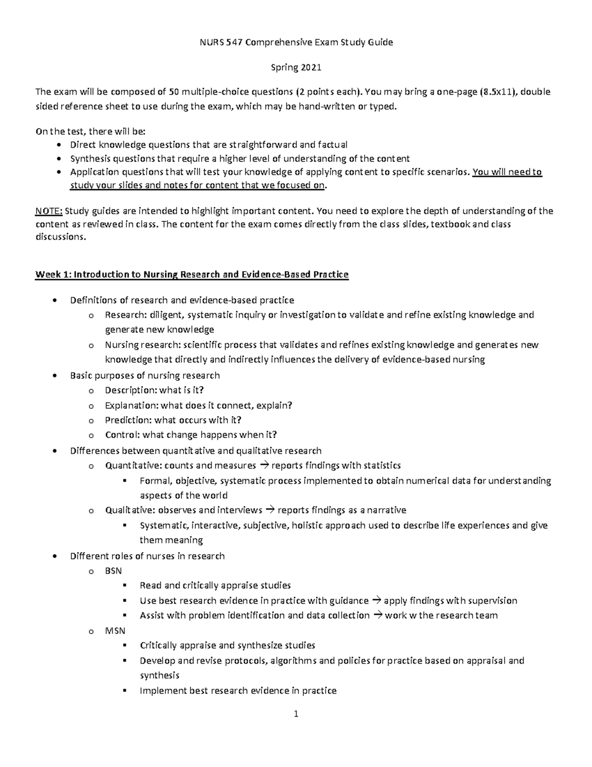 N547 exam study guide Spring 2021 - NURS 547 Comprehensive Exam Study ...