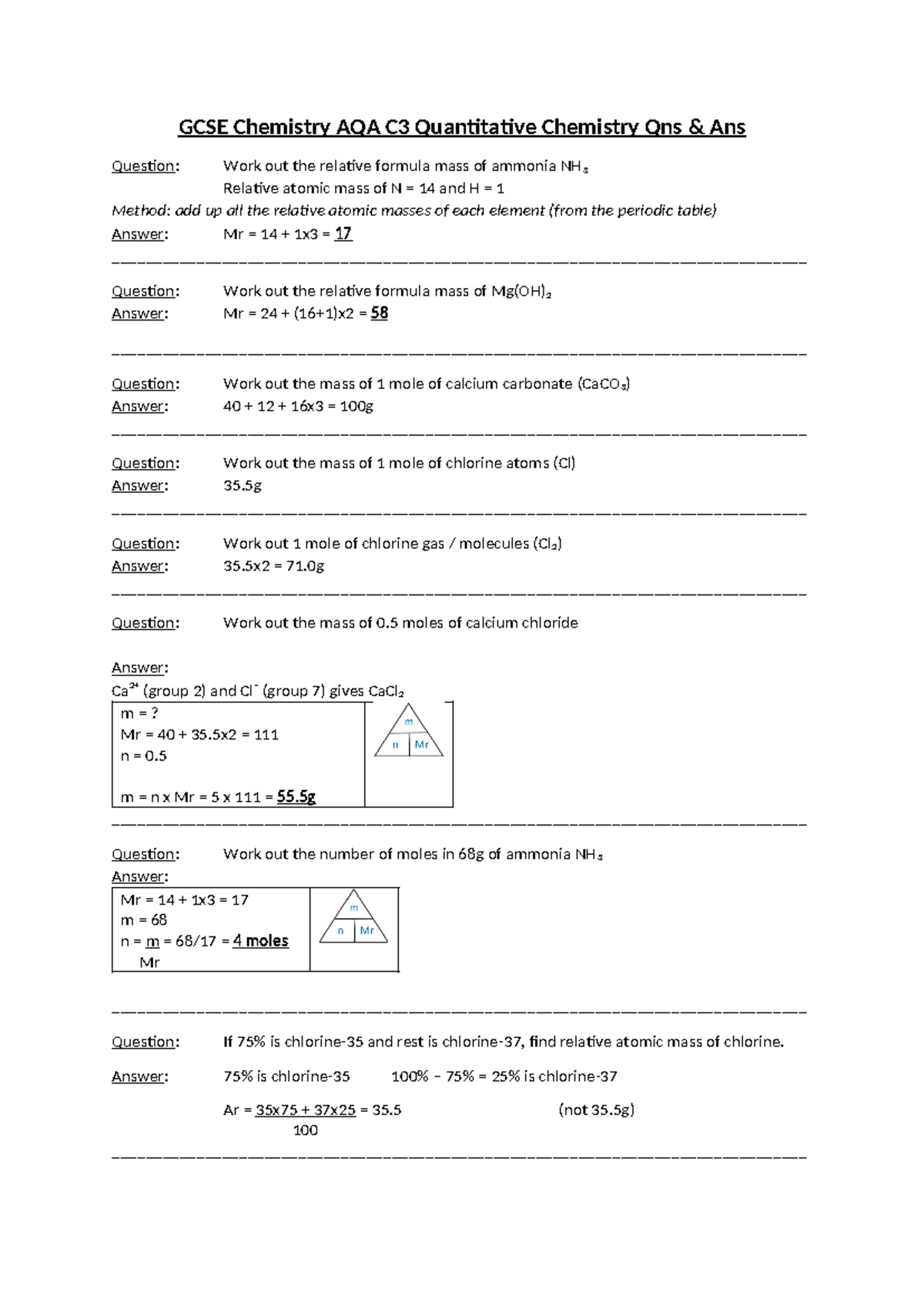 C3 GCSE Chemistry AQA Chapter 3 Quantitative Chemistry (Higher) Qns ...