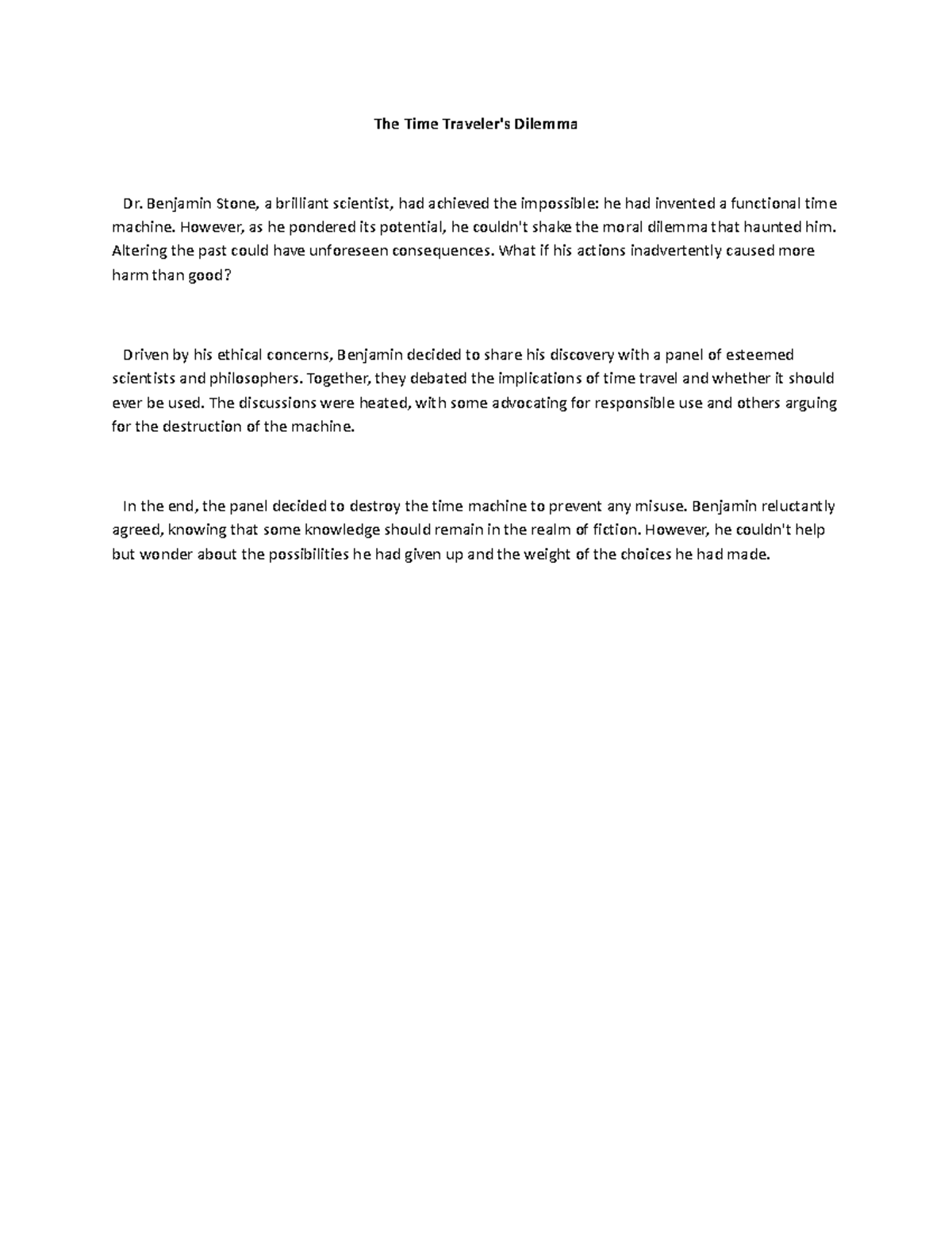 The Time Traveler's Dilemma - Benjamin Stone, a brilliant scientist ...