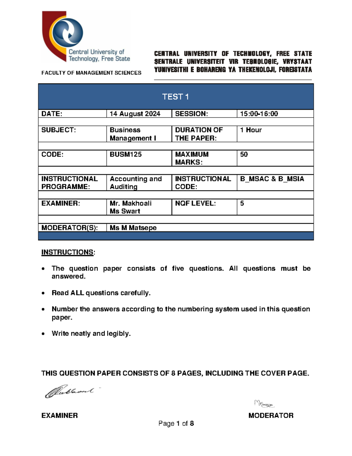 Moderated BUSM125 Test 1 - EXAMINER MODERATOR TEST 1 DATE: 14 August ...