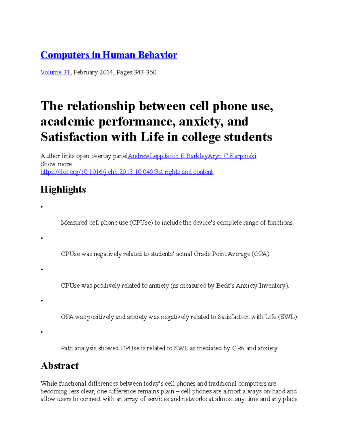 The relationship between cell phone use, academic performance, anxiety ...