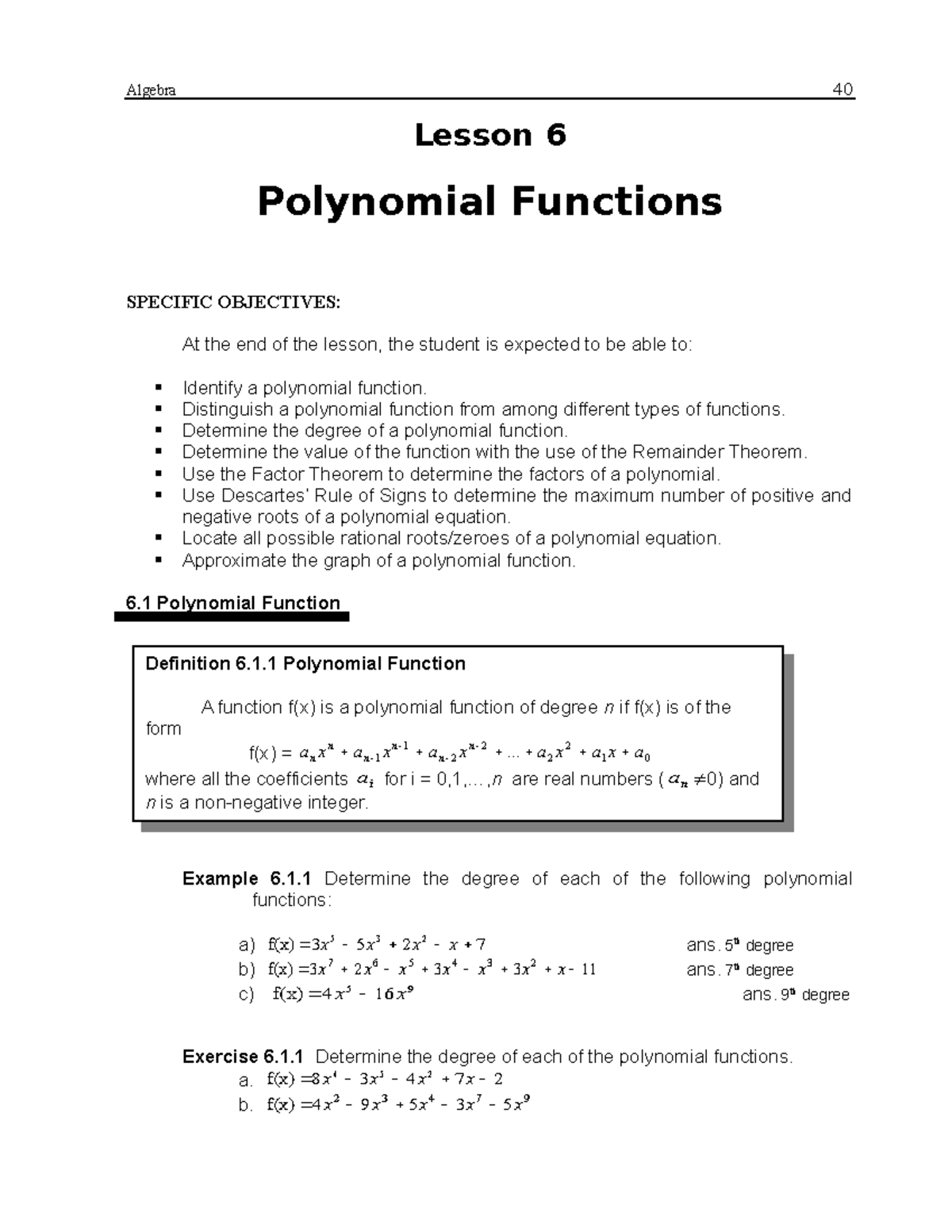 Guide-Teacher Lesson 6 Polynomial Functions - Lesson 6 Polynomial ...