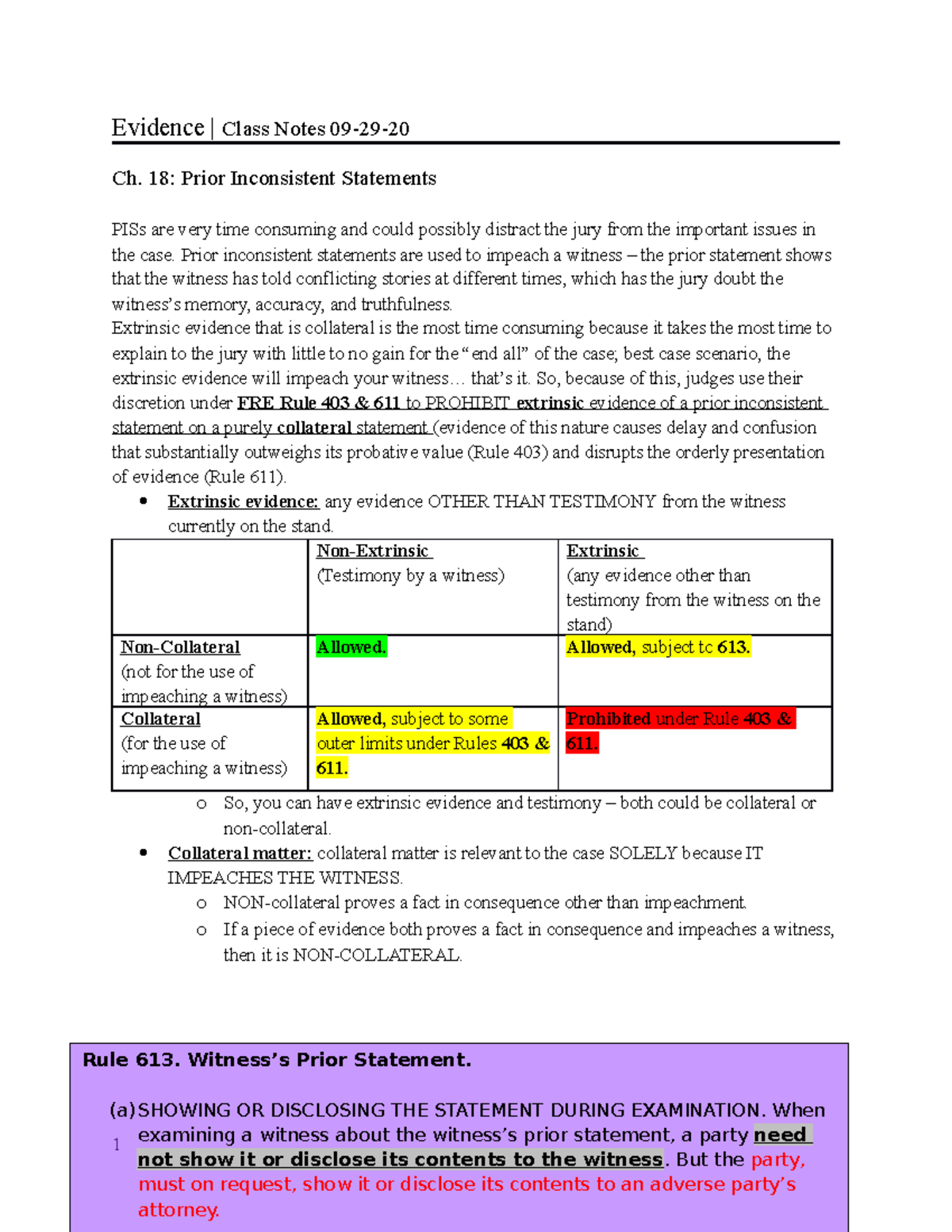 09-29 Evidence notes - Evidence Class Notes Ch. 18: Prior Inconsistent ...