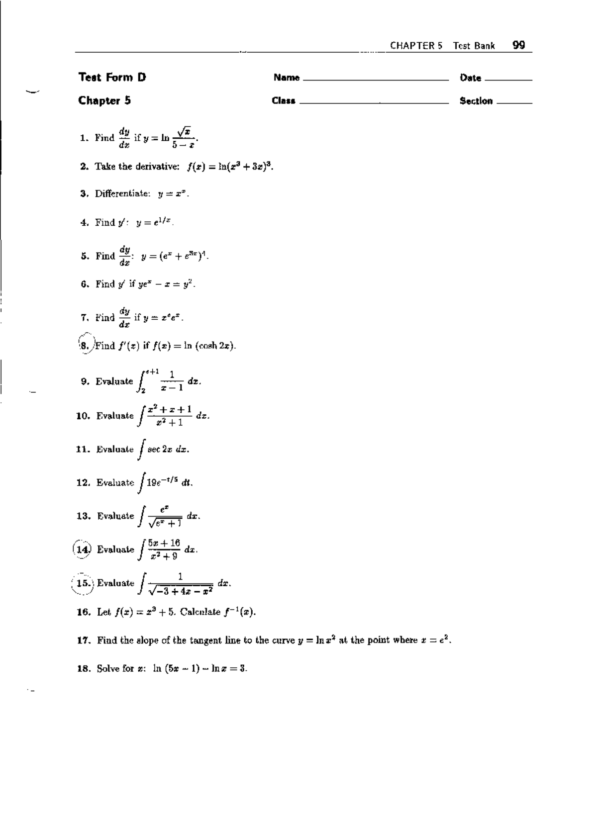 Unit 5 Practice Test - test - CHAPTER 5 Test Bank 99 Test Form D Name ...