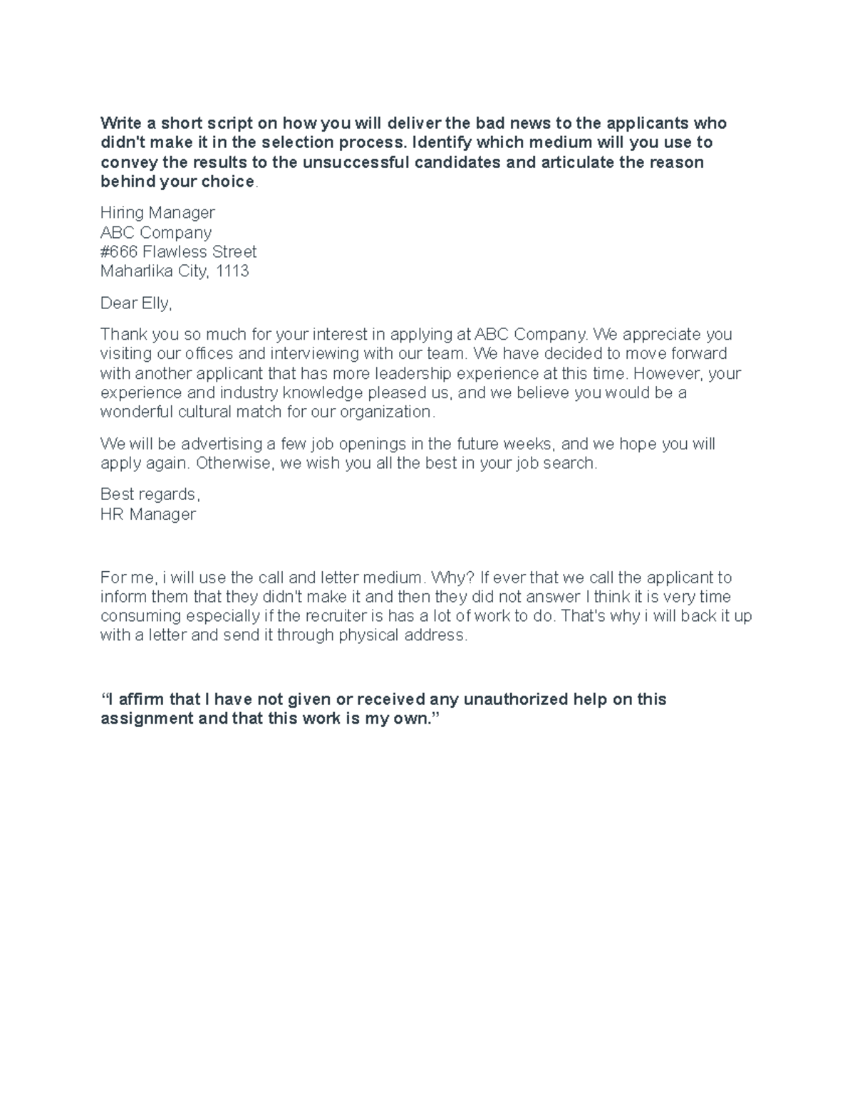 Discussion 6.1 Process of Making a Job Offer - Write a short script on ...