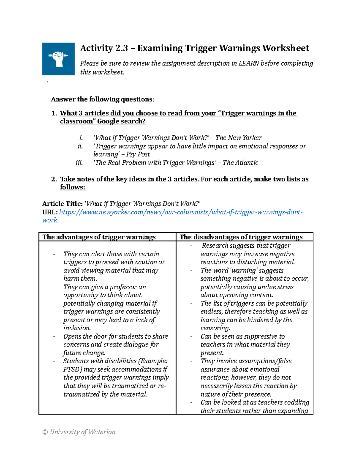 Arts 130 activity 2.3 worksheet - Activity 2 – Examining Trigger ...