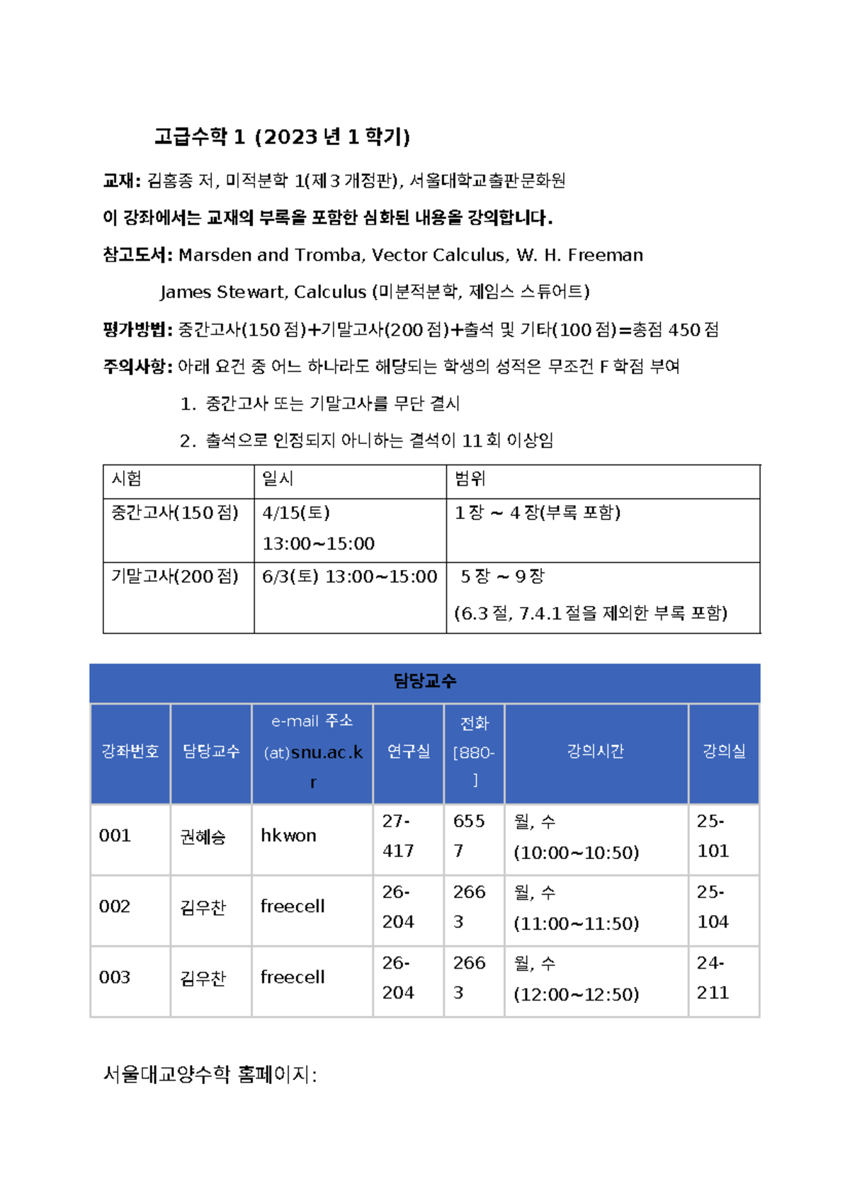 고급수학 1 강의계획서 2023년1학기 고급수학 1 2023 년 1 학기 교재 김홍종 저 미적분학 1제 3 개정판 서울대학교출판문화원 이 강좌에서는 교재의