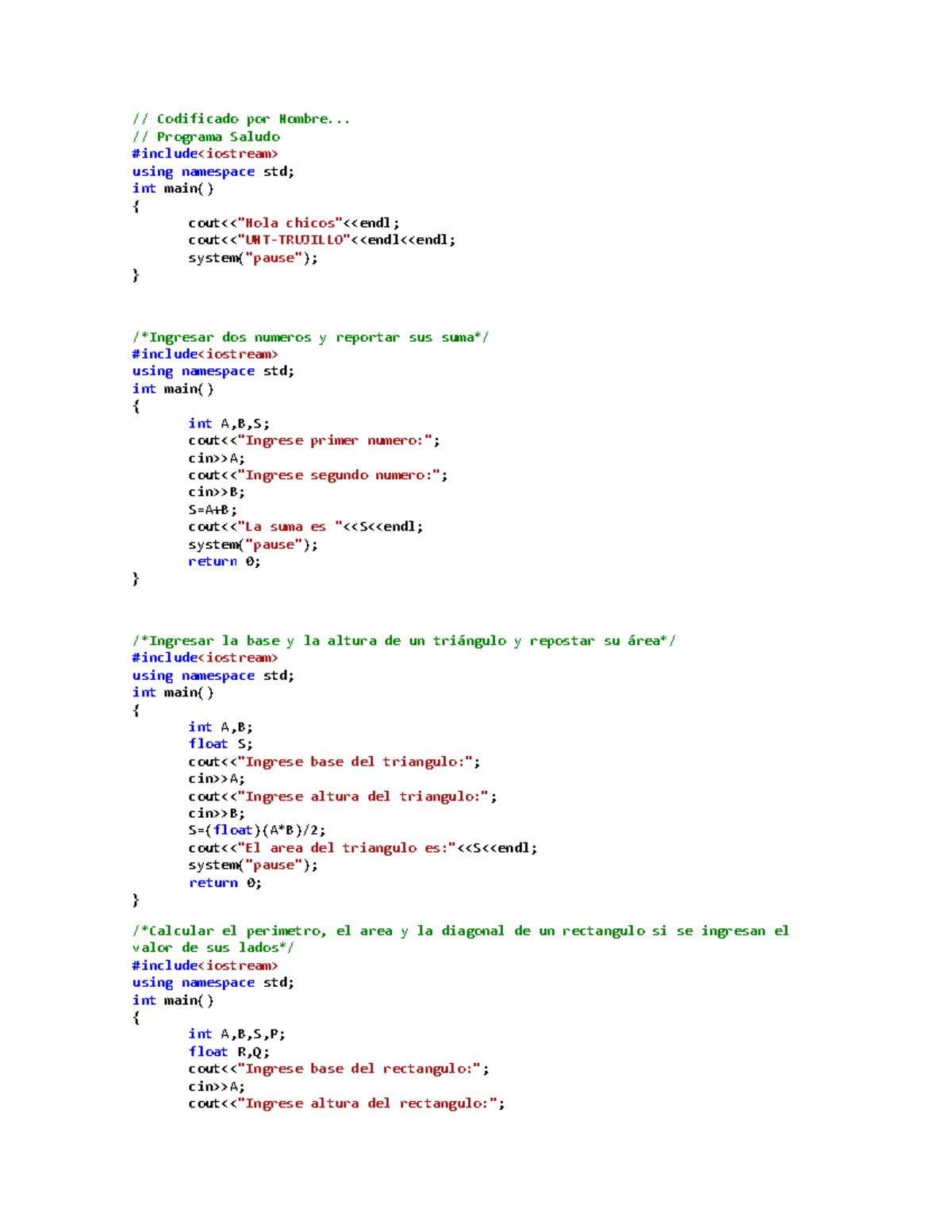 Laboratorio 1 - Ejercicios de Introducción al Lenguaje de programación c++, cpp. - // Codificado ...