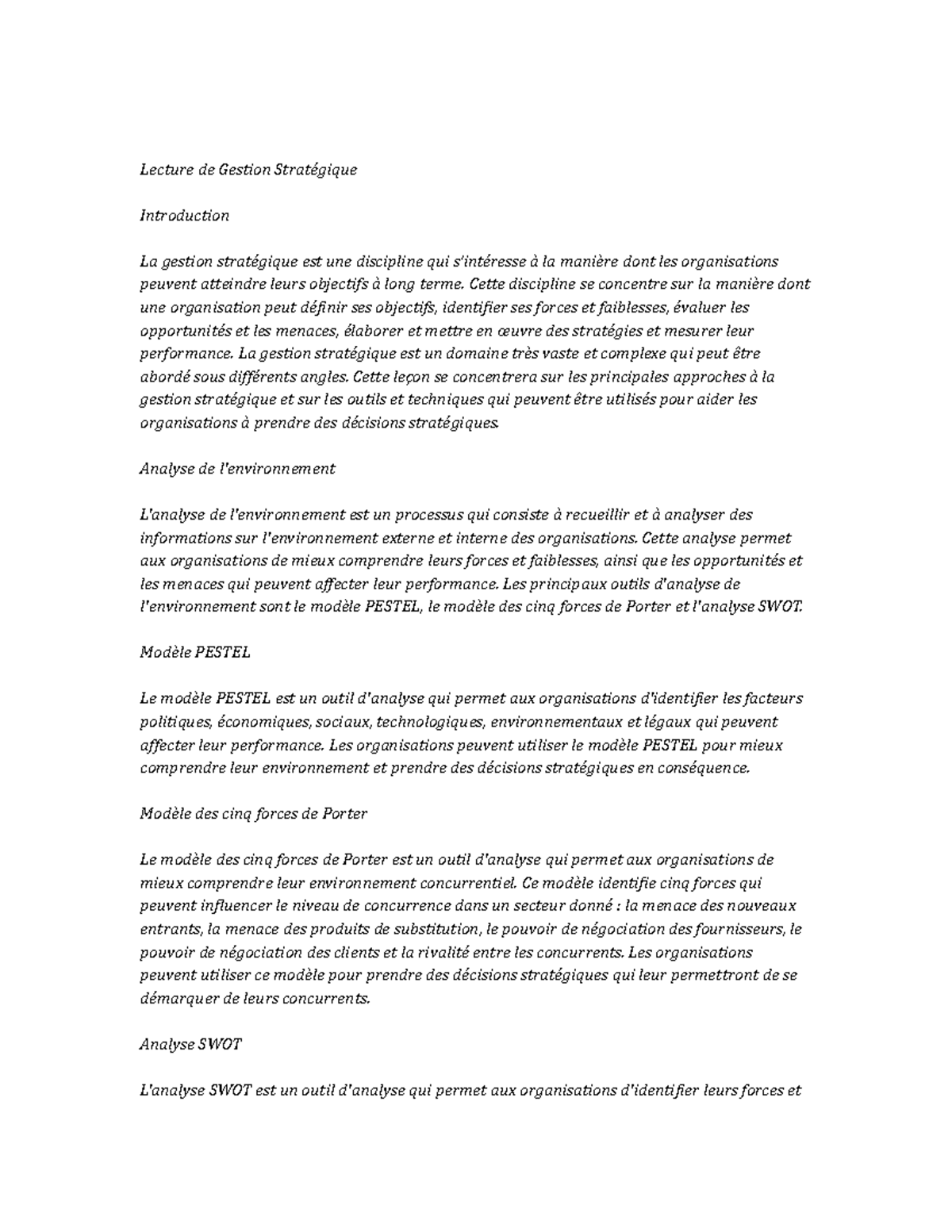 Strategic Management Study Notes - Lecture de Gestion Stratégique ...