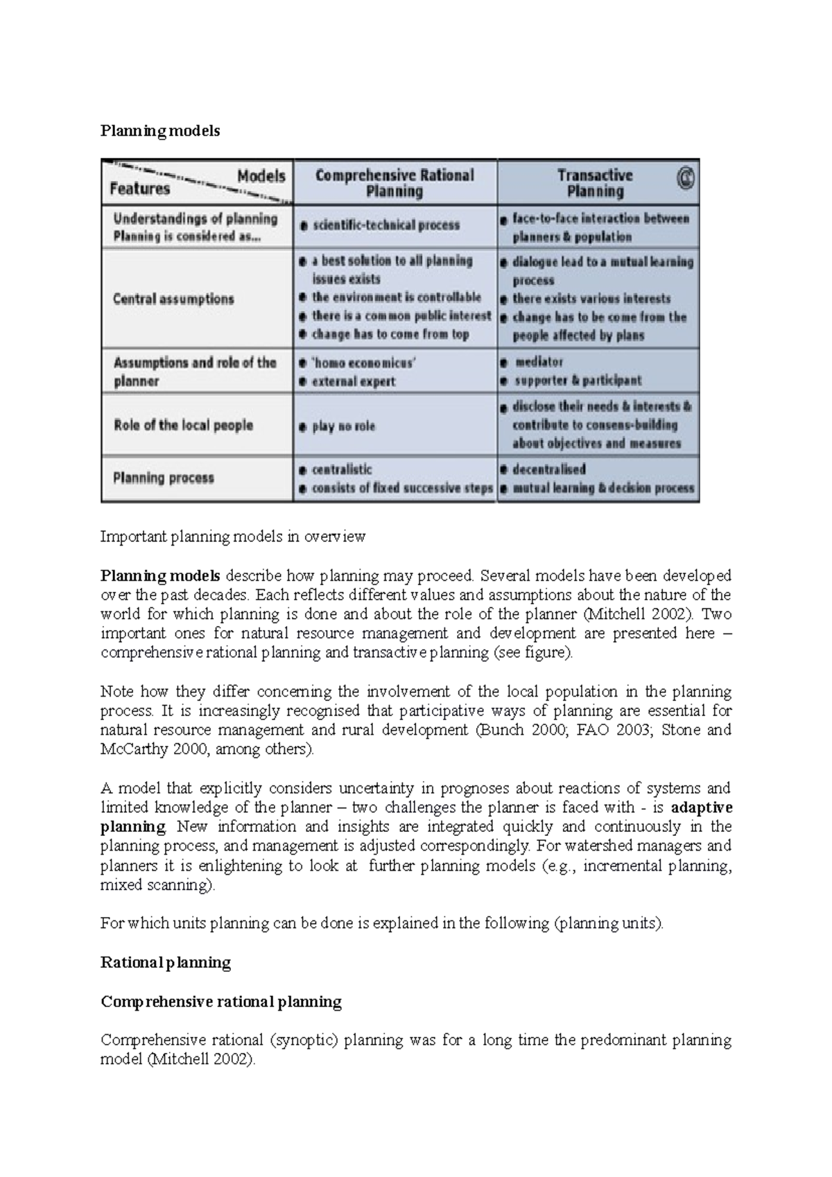 Planning models focussing on the various models used in planning ...