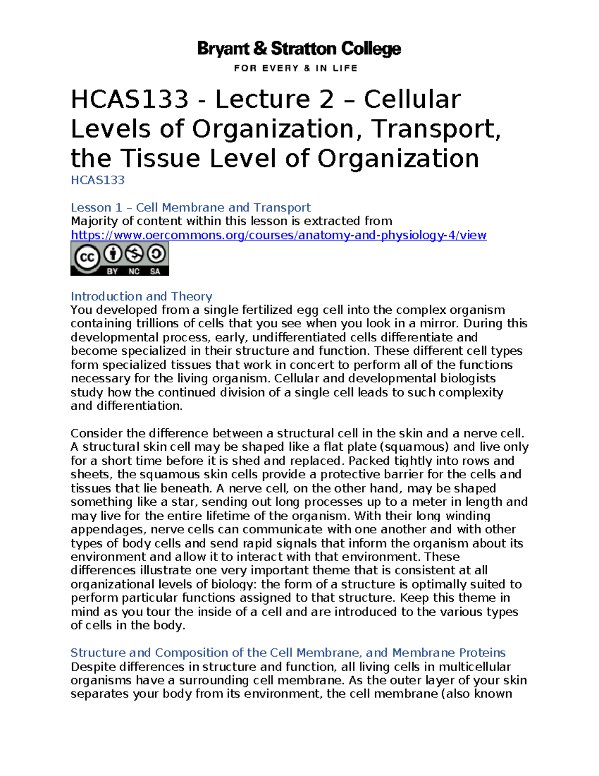 HCAS133 - Lecture 2 - Cellular Levels of Organization Transport and the ...