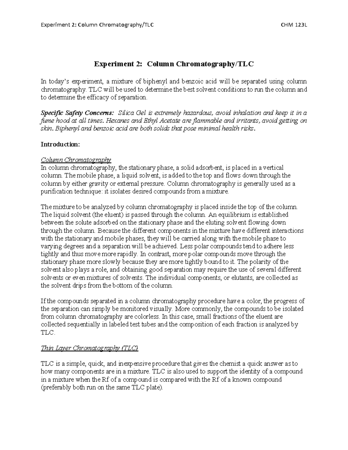 2 Handout Column Chromatography - Experiment 2: Column Chromatography ...