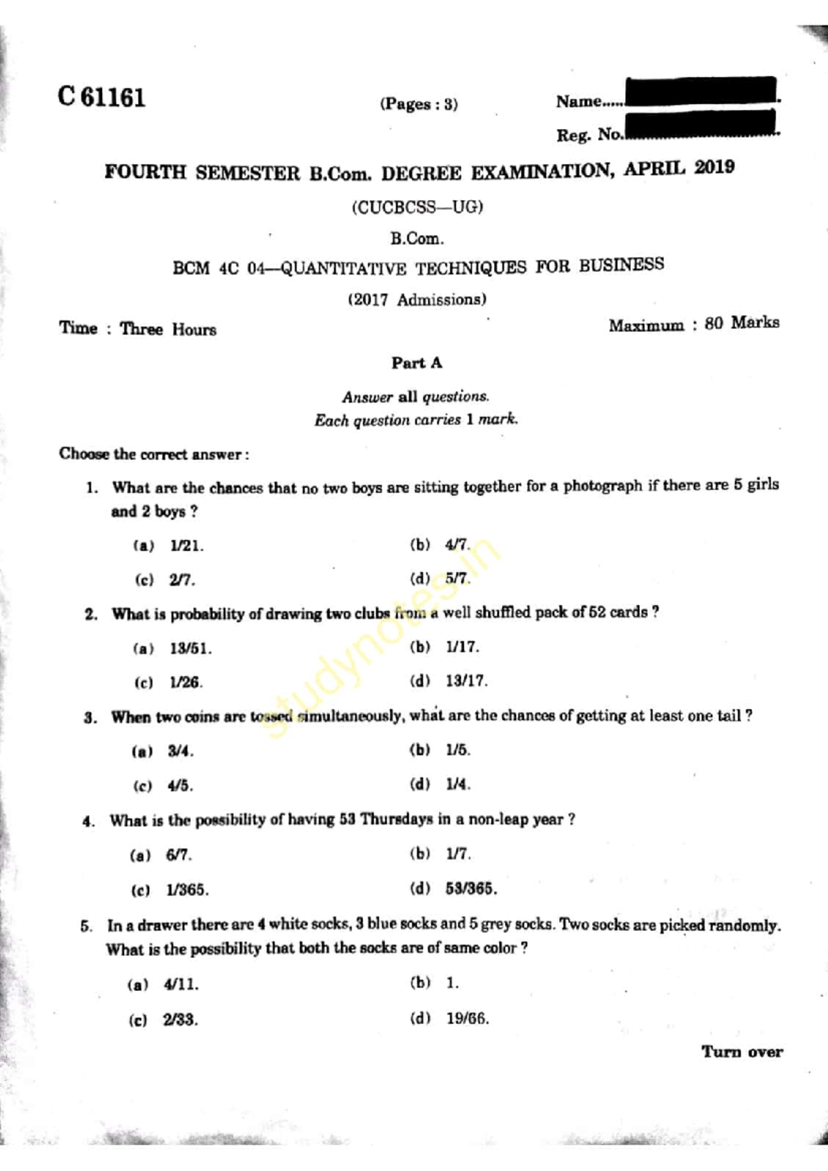 Quantitative Techniques 2019 Question Paper-1 - Bachelor of commerce ...